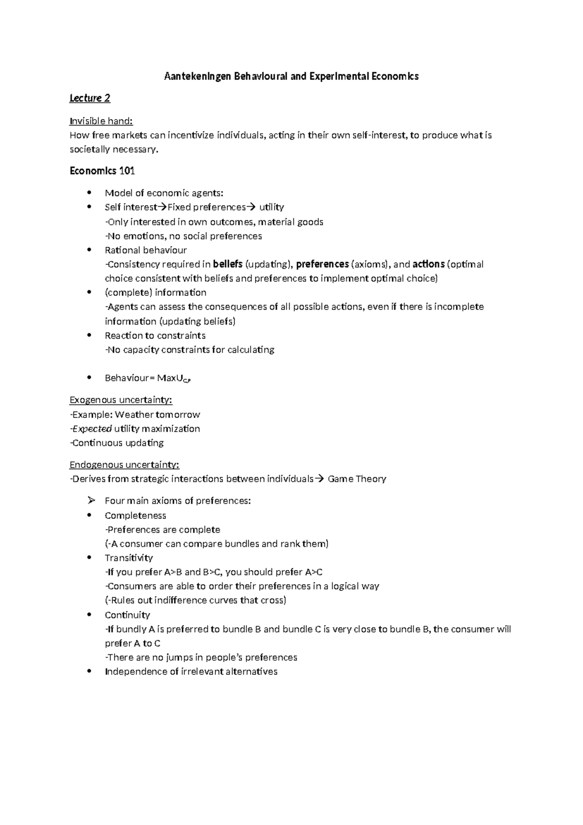 Aantekeningen Behavioural and Experimental Economics - Economics 101 ...