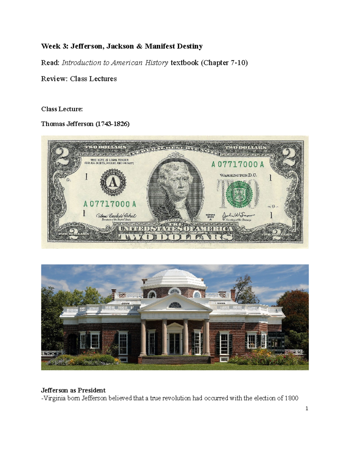 3-Jefferson, Jackson Manifest Destiny - Week 3: Jefferson, Jackson ...