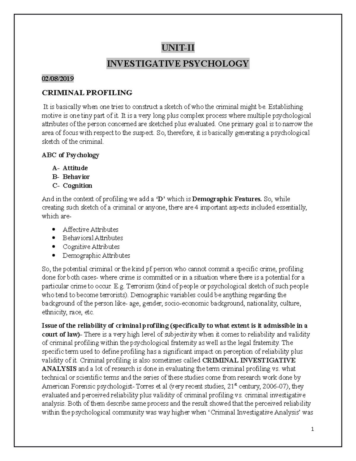 Psycho unit 2 - notes - UNIT-II INVESTIGATIVE PSYCHOLOGY 02/08 ...