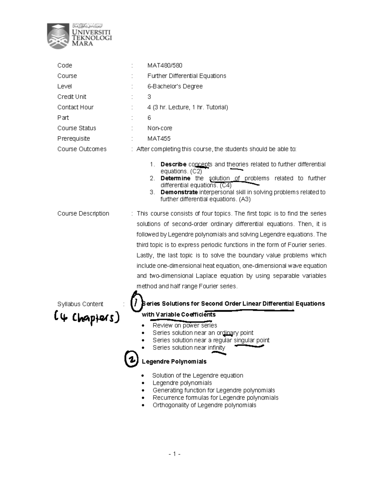 Lesson PLAN MAC-JULY2024 - 1 - Code : MAT 480 /5 80 Course : Further ...