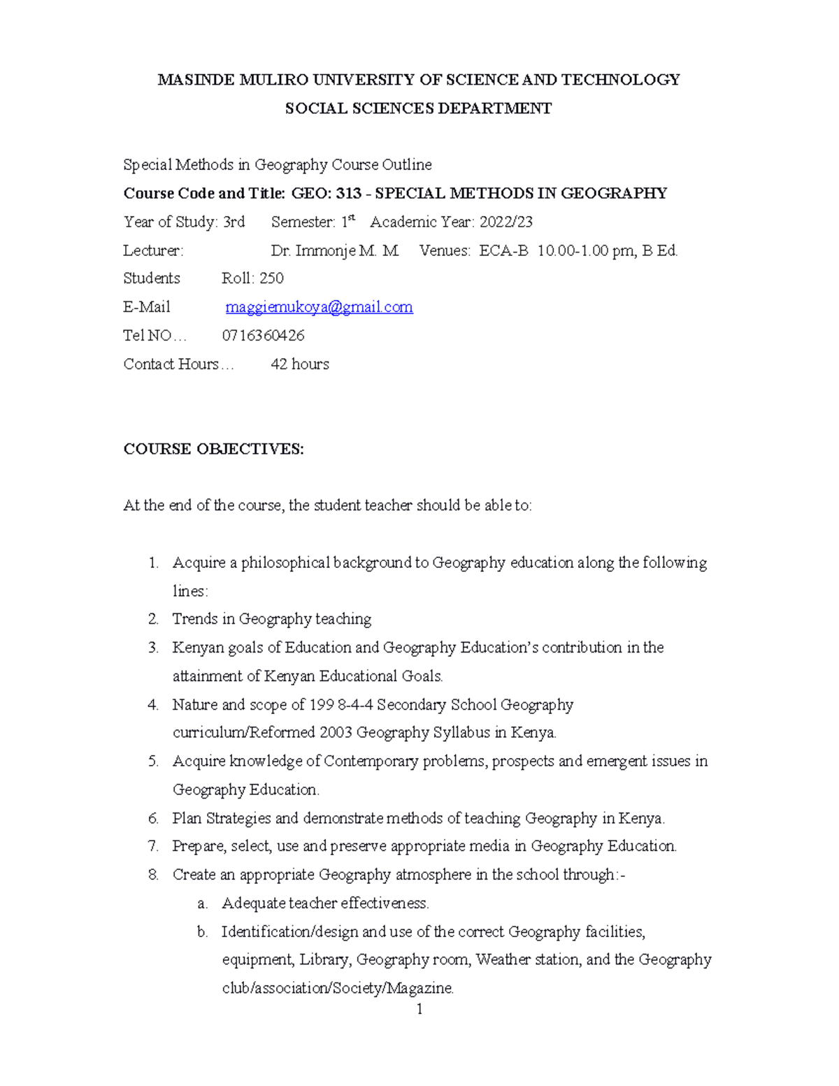 ECT 313 - Special Methods in Geography Course Outline - MASINDE MULIRO ...