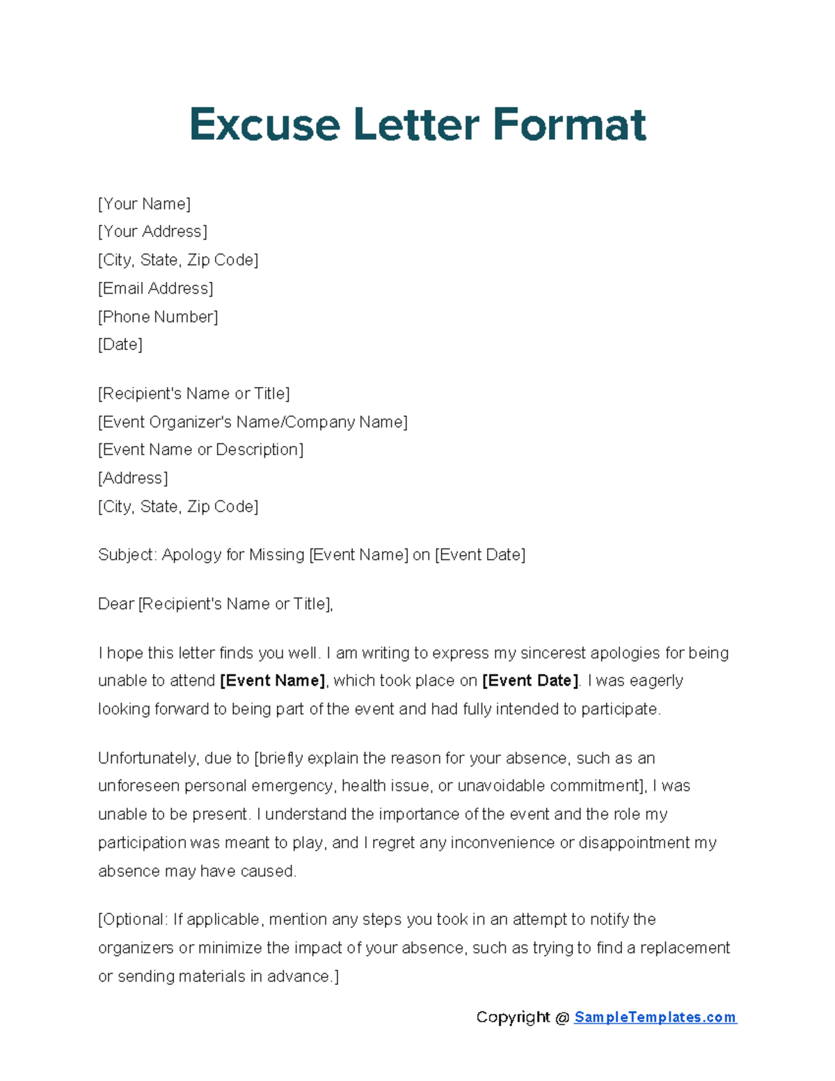 Excuse-Letter-Format - Excuse Letter Format [Your Name] [Your Address ...