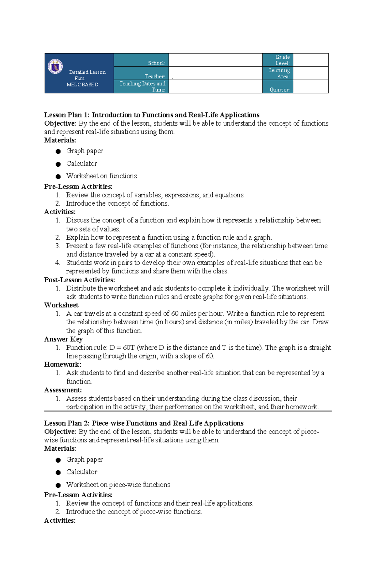 Copy of General Mathematics q1 dll - Detailed Lesson Plan MELC BASED ...