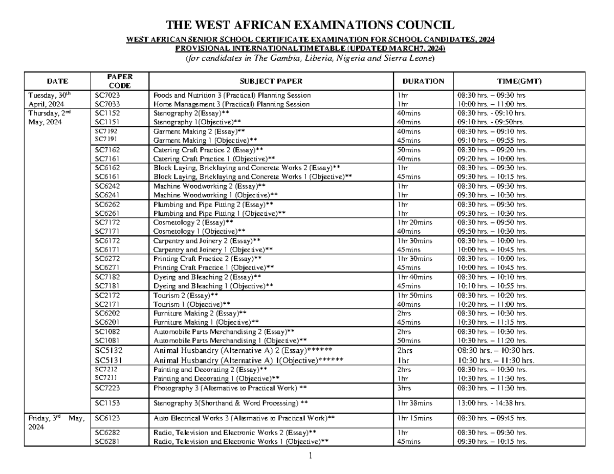 Wassce SC 2024 Time Table - THE WEST AFRICAN EXAMINATIONS COUNCIL WEST ...