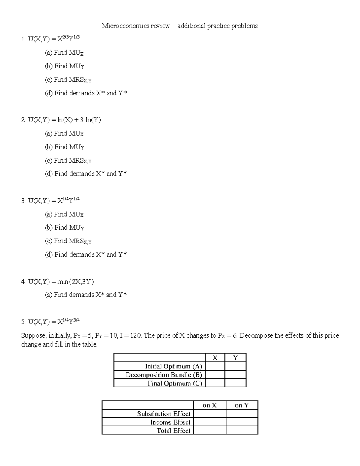 Micro review additional problems - Microeconomics review – additional ...