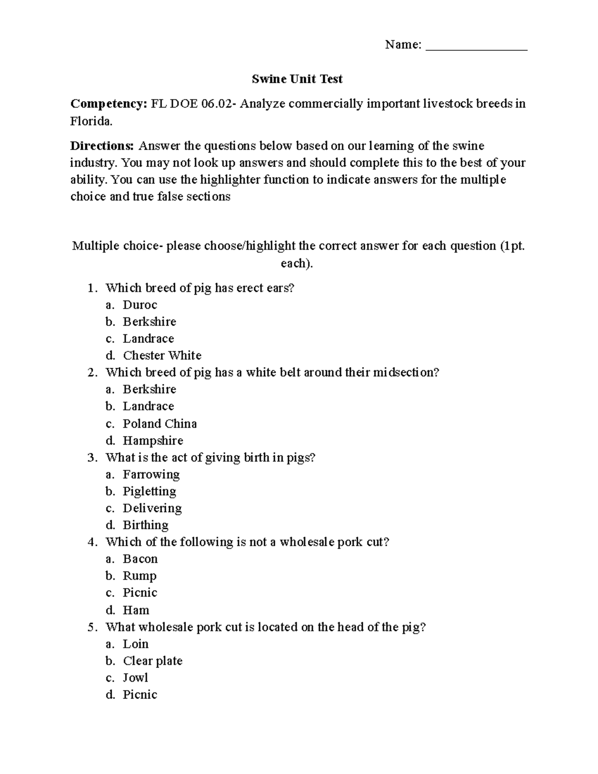 Afdmlp 7 - Name: _______________ Swine Unit Test Competency: FL DOE 06 ...