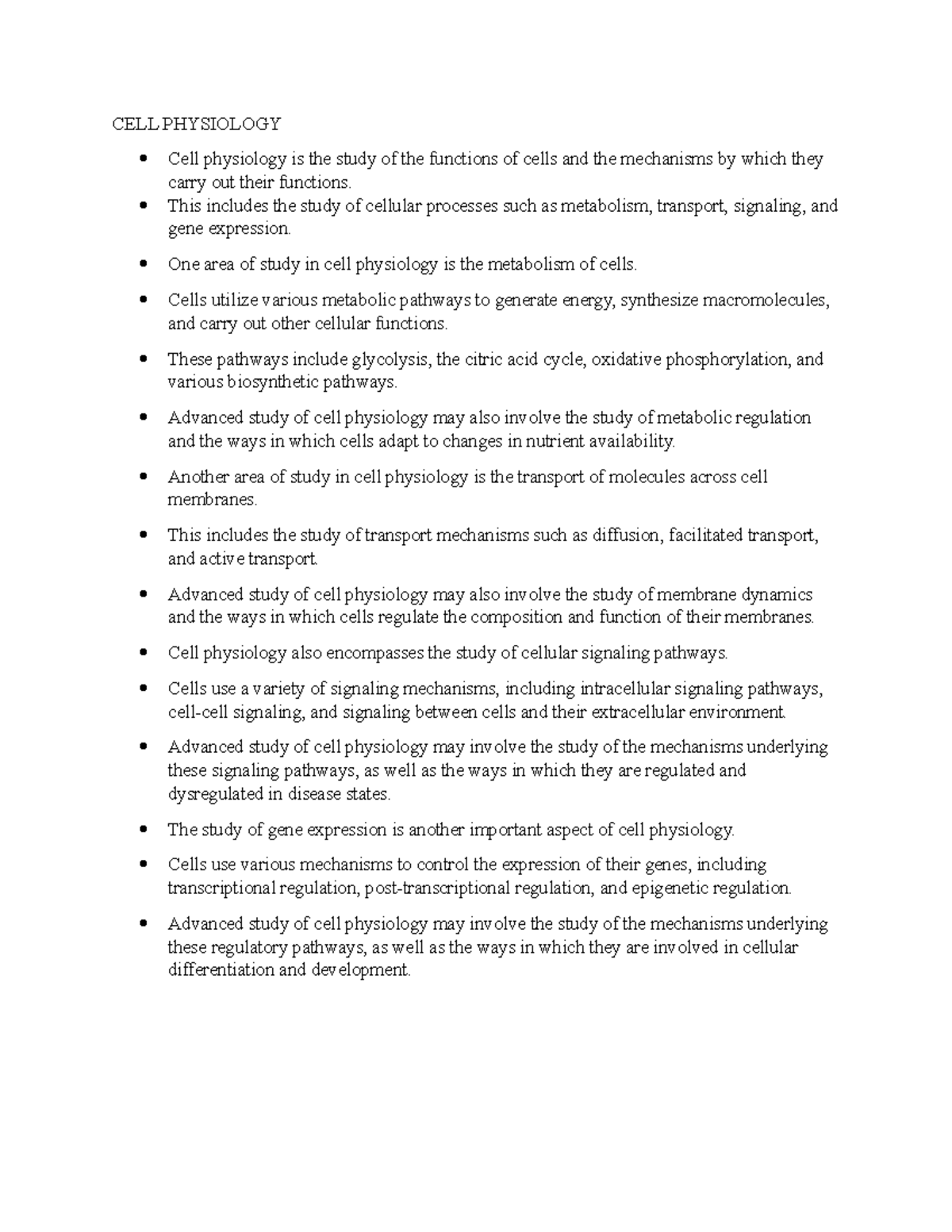 CELL Physiology Notes 1 - CELL PHYSIOLOGY Cell physiology is the study ...