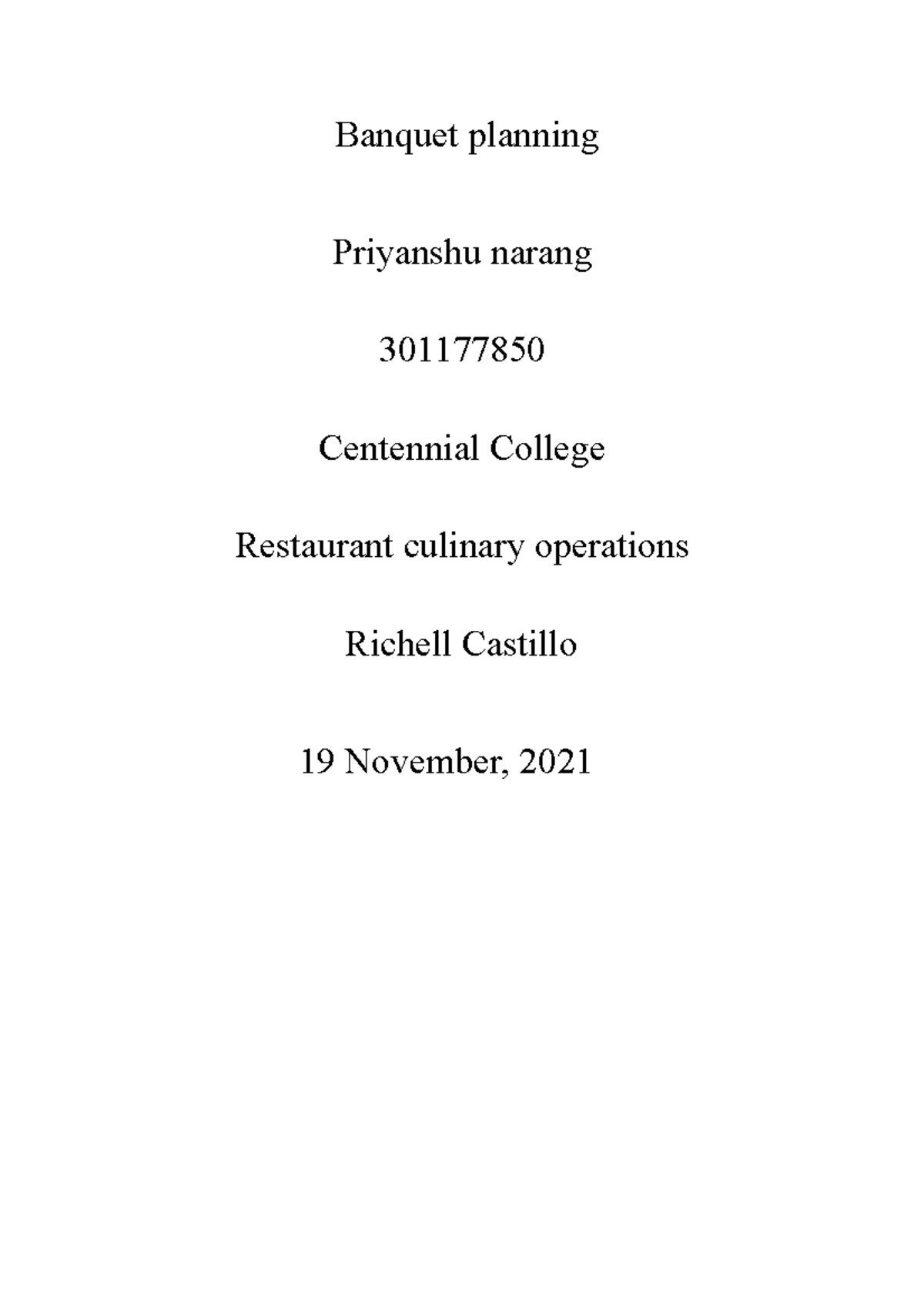 Banquet planning - Banquet planning Priyanshu narang 301177850 ...