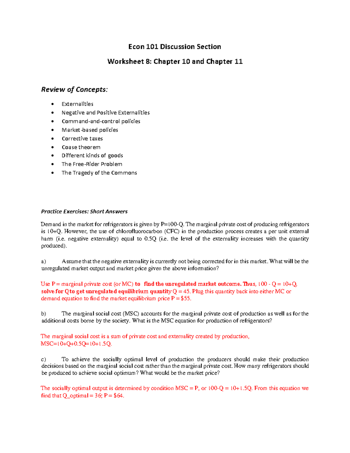 Econ 101 Discussion Worksheet Ch10 and Ch11 with answers - Econ 101 ...