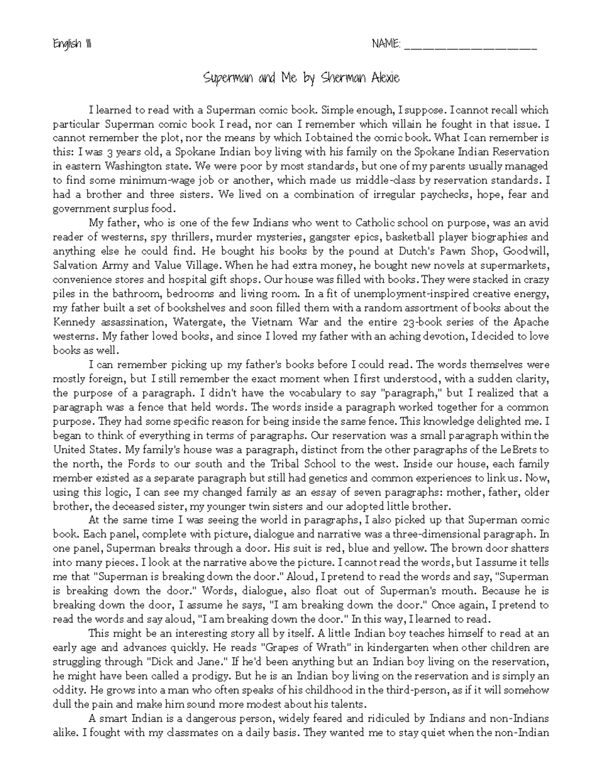 Superman and Me - Idk - English III NAME ...