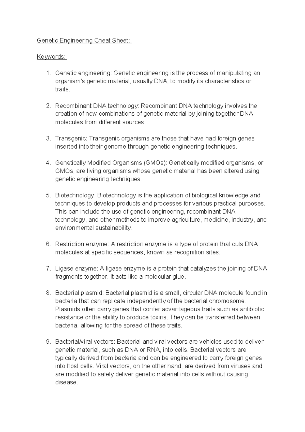 Genetic Engineering Cheat Sheet - Genetic Engineering Cheat Sheet ...