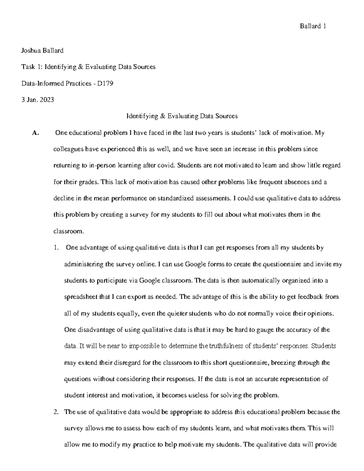 TASK 1 - Identifying and Evaluating Data Sources - Joshua Ballard Task 1: Identifying & - Studocu