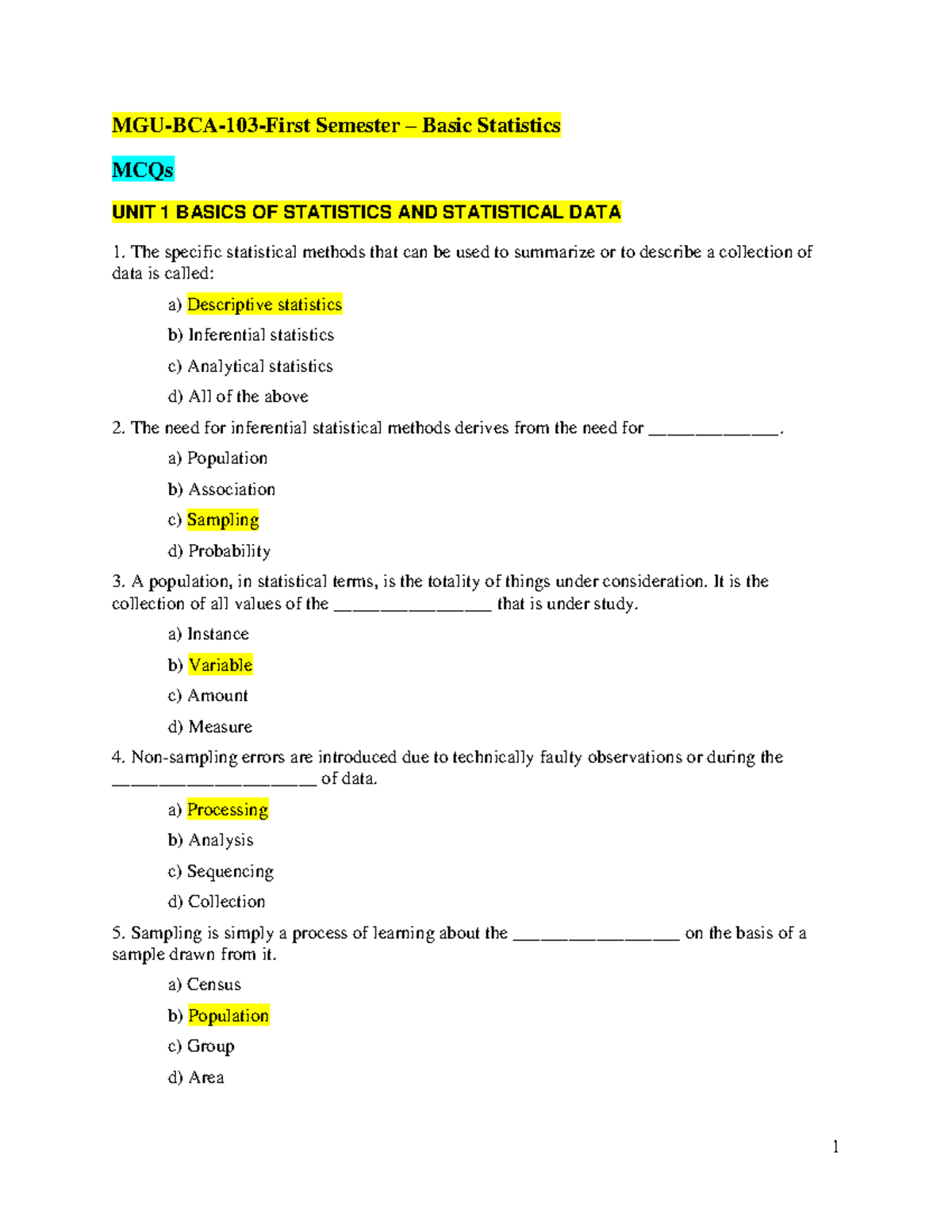 Statistics - MGU-BCA-103-First Semester – Basic Statistics MCQs UNIT 1 ...