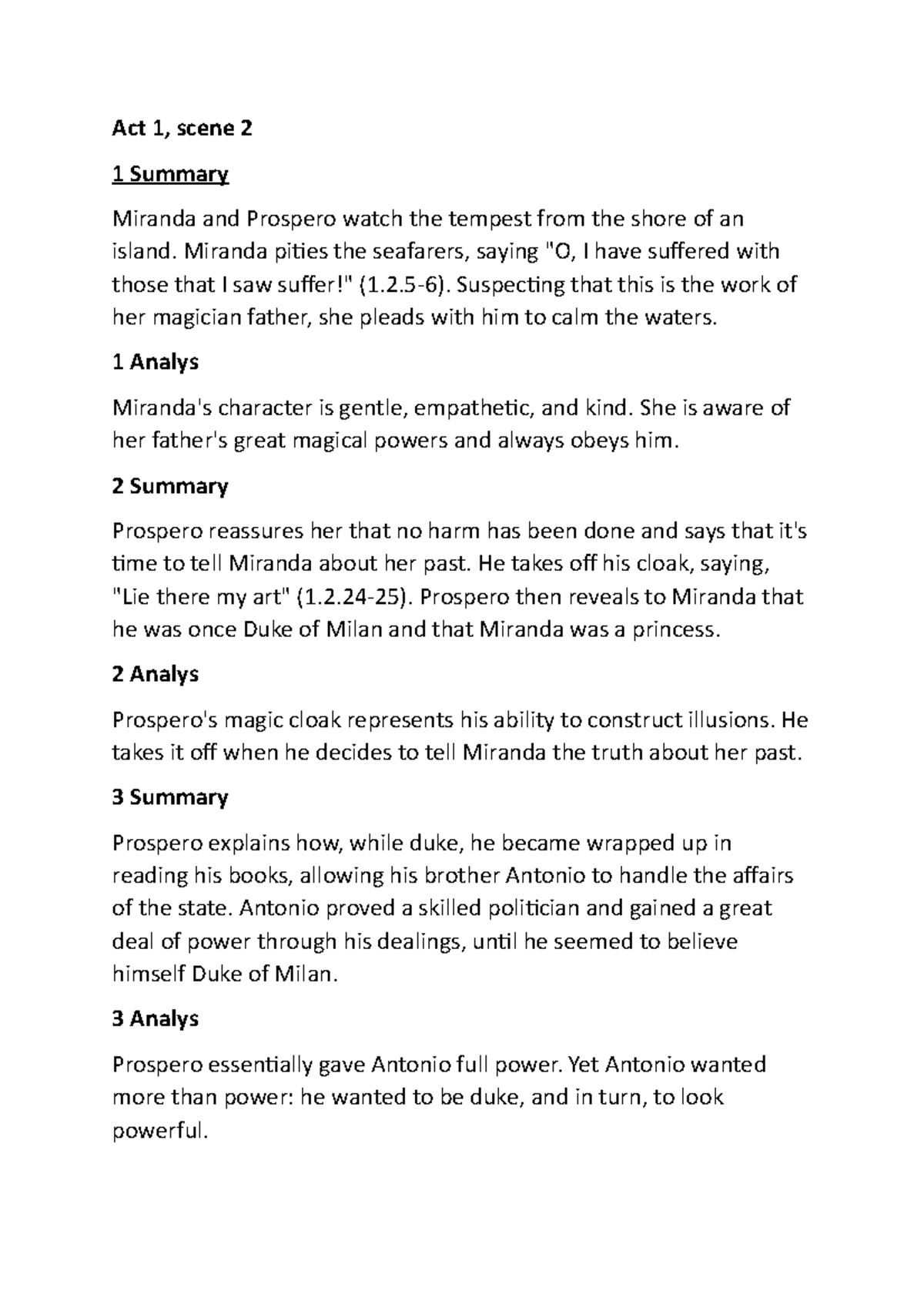 ACT 1, Scena 2 E ACT 5 Scena 2 - Act 1, scene 2 1 Summary Miranda and ...