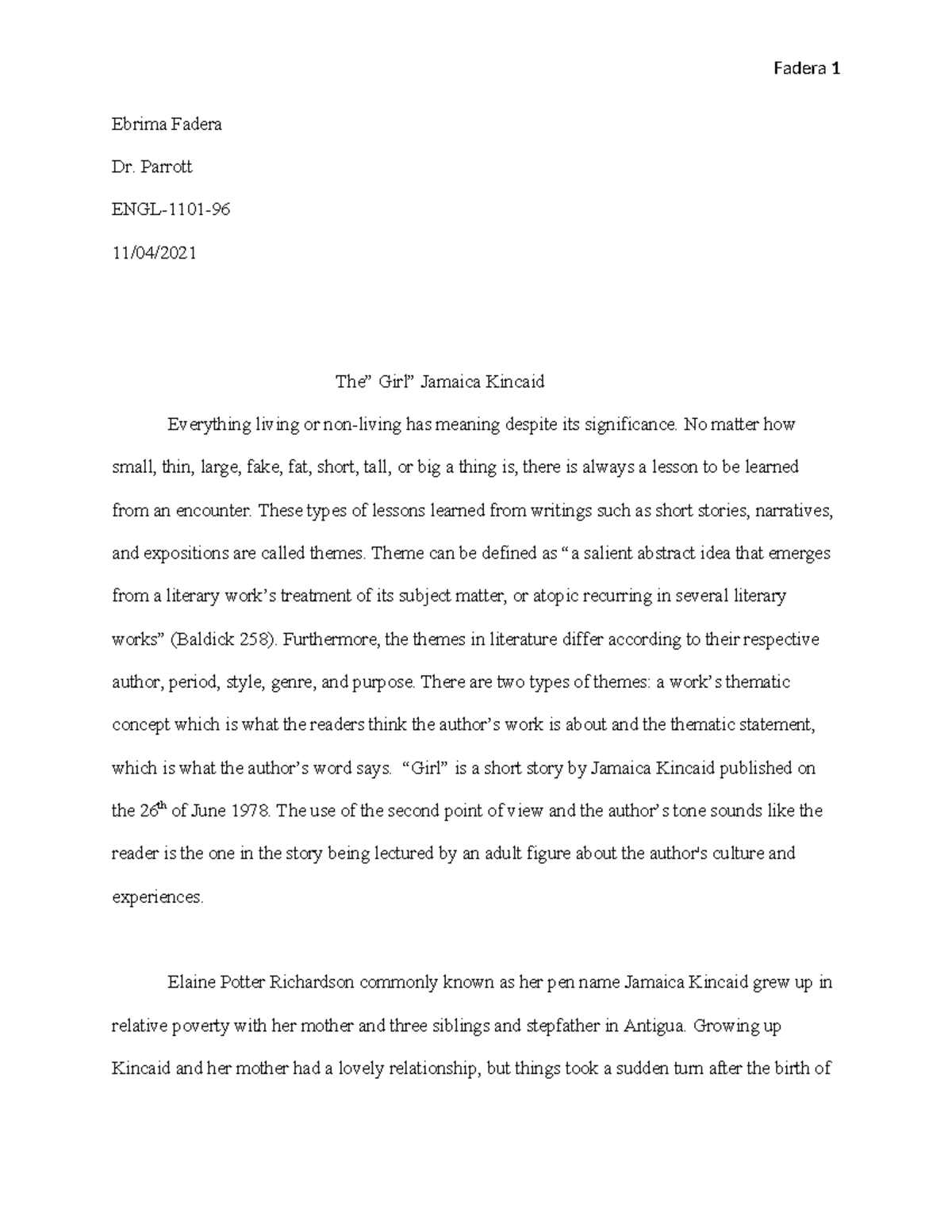 Literally analysis final - Ebrima Fadera Dr. Parrott ENGL-1101- 11/04 ...