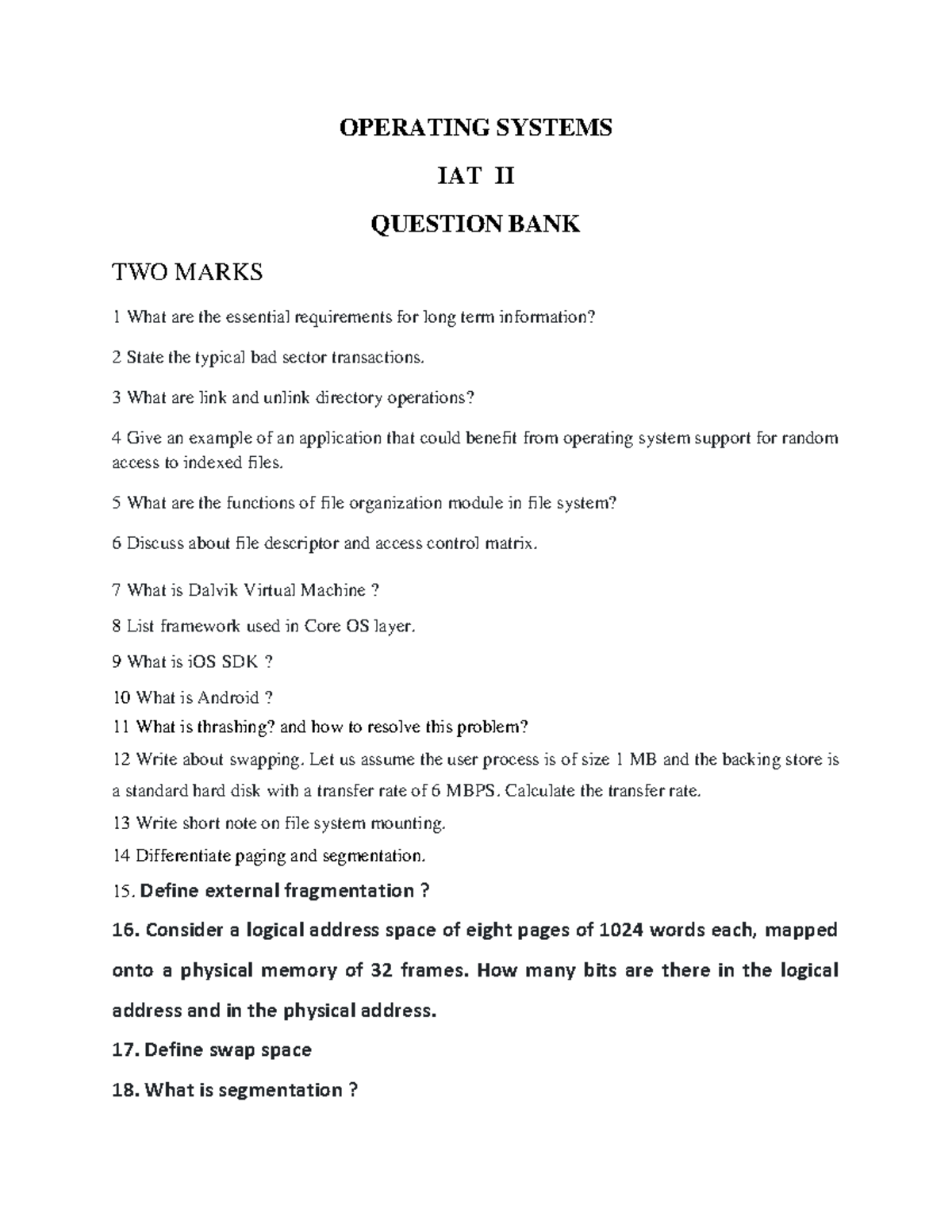 OS IAT 2 question bank - q bnk - OPERATING SYSTEMS IAT II QUESTION BANK TWO MARKS 1 What are the ...