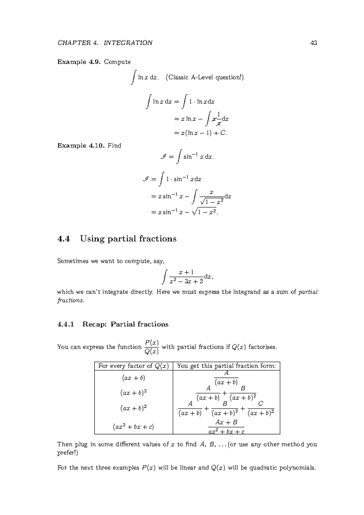 Math quiz notes - integration revision - CHAPTER 4. INTEGRATION Example ...