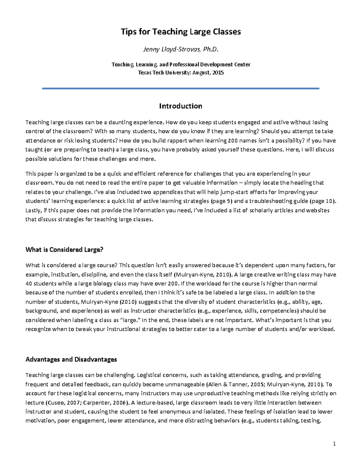 Tips For Teaching Large Classes - Tips for Teaching Large Classes Jenny ...