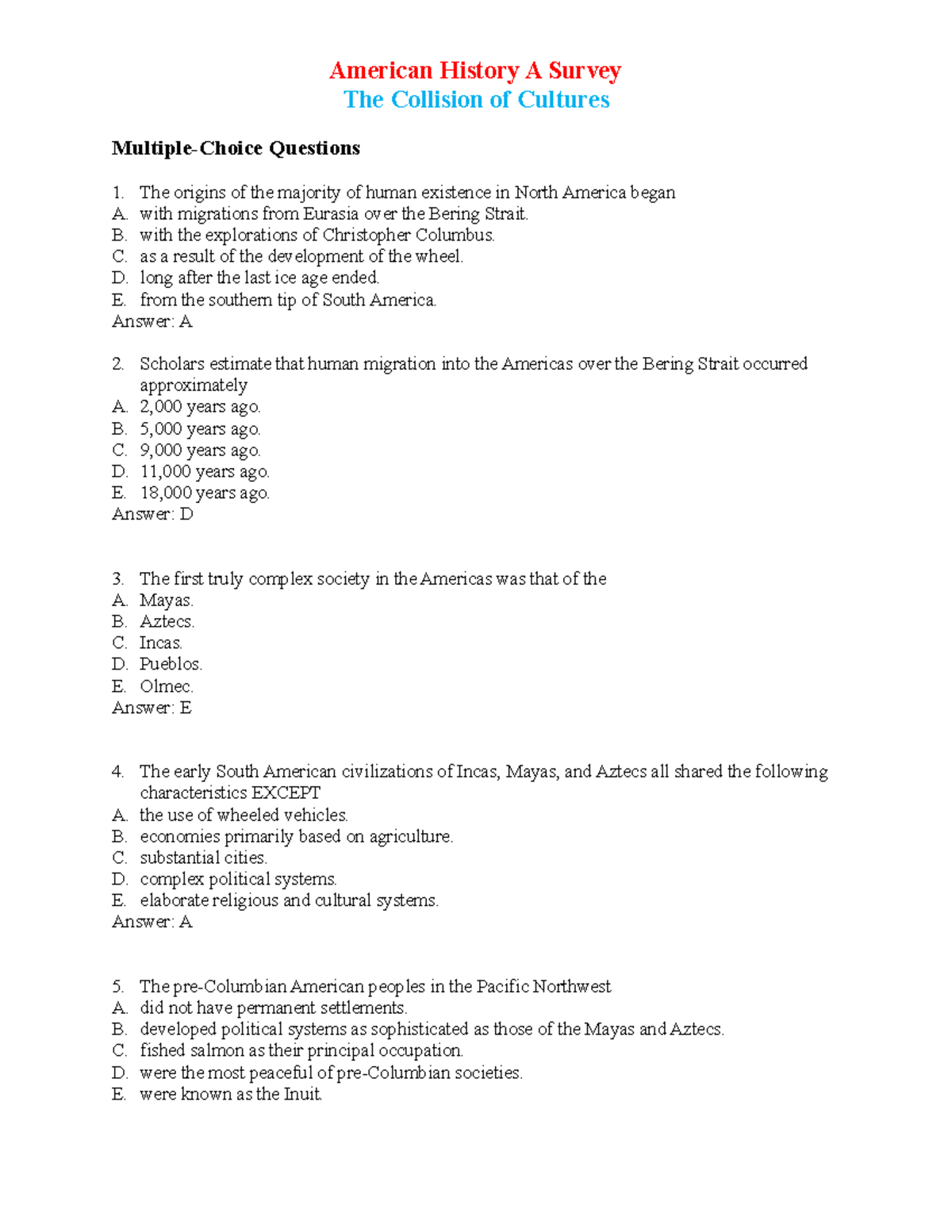 American History A Survey The Collision of Cultures - American History ...