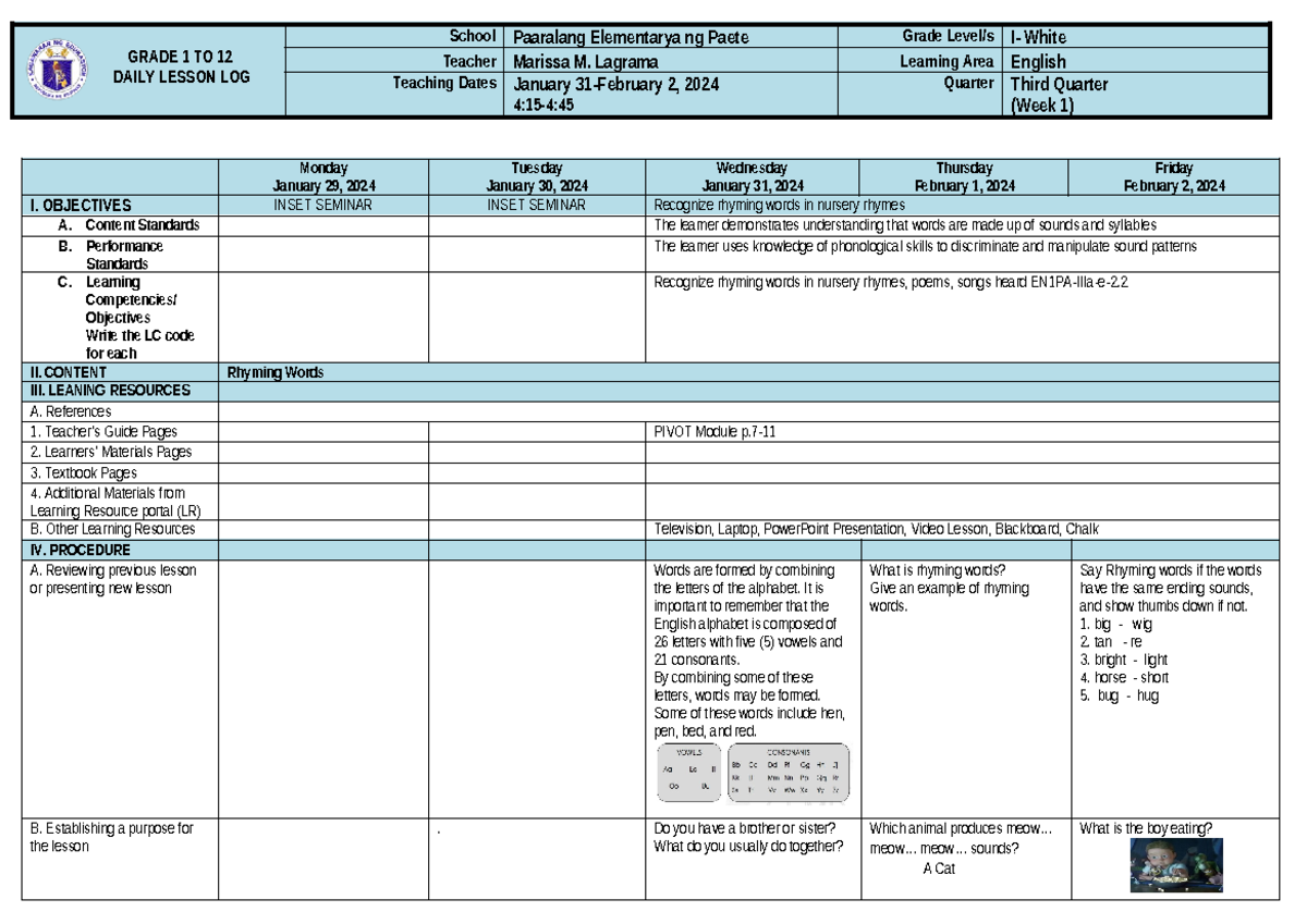 DLL Q3 W1 English 1 - Daily Lesson Log - GRADE 1 TO 12 DAILY LESSON LOG School Paaralang ...