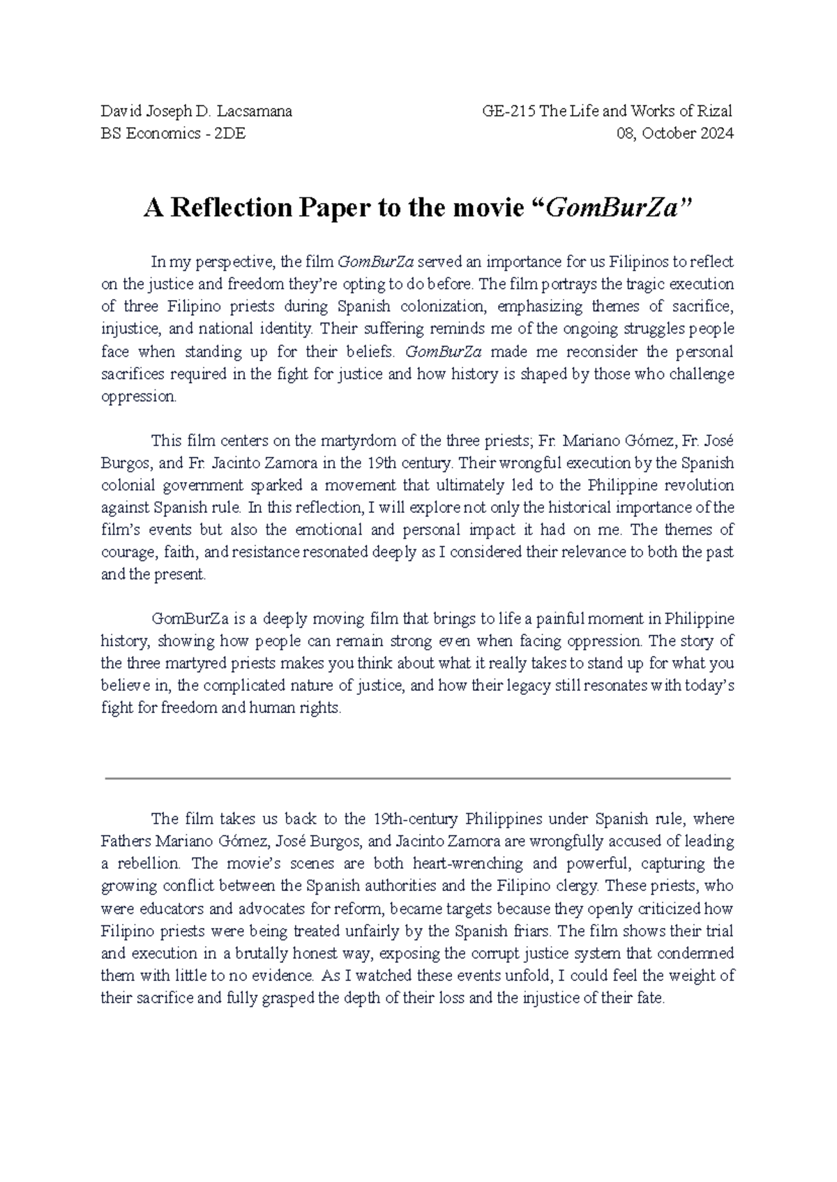 L&WoR - FILM Reflection GOMBURZA - David Joseph D. Lacsamana GE-215 The ...