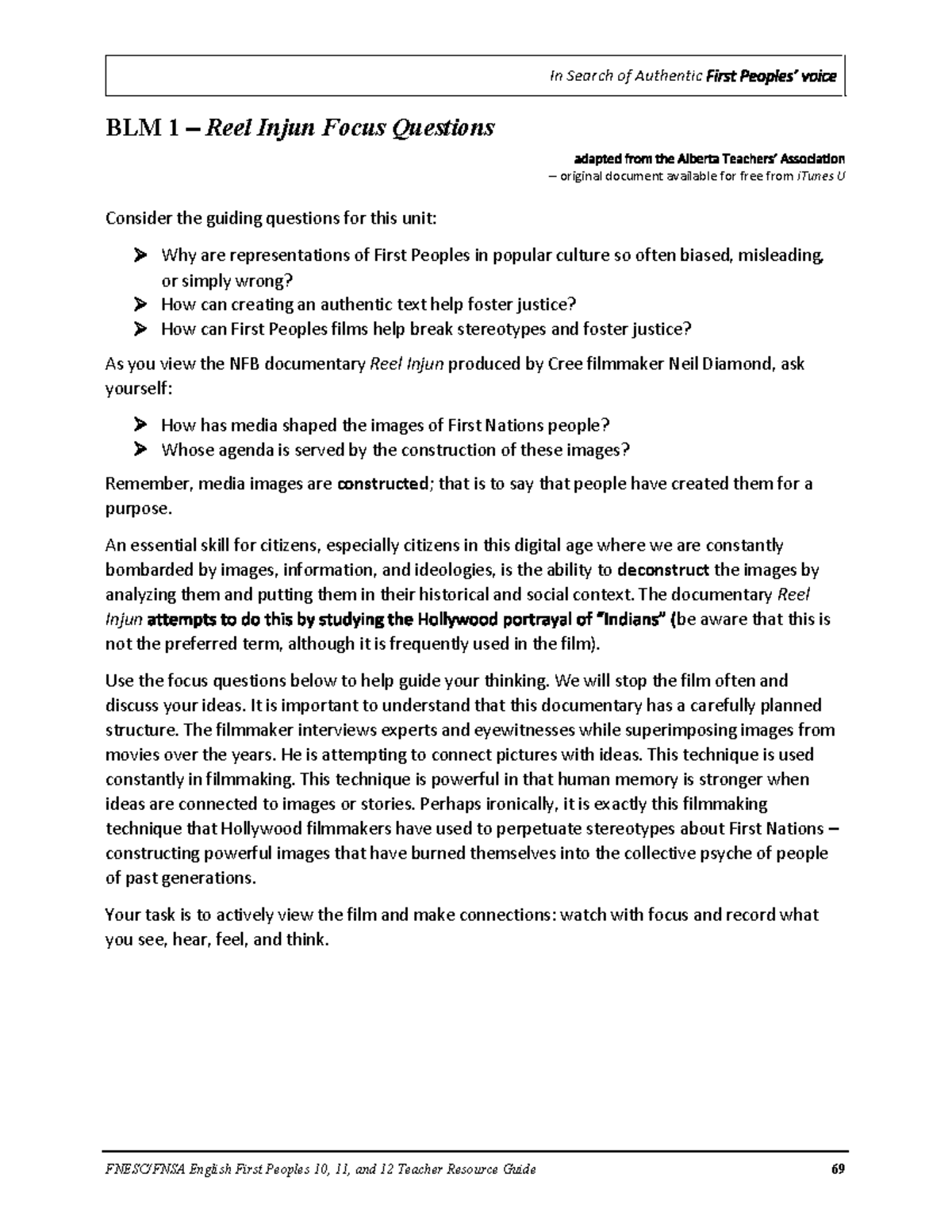 Reel Injun Focus Questions - In Search of Authentic FNESC/FNSA English ...