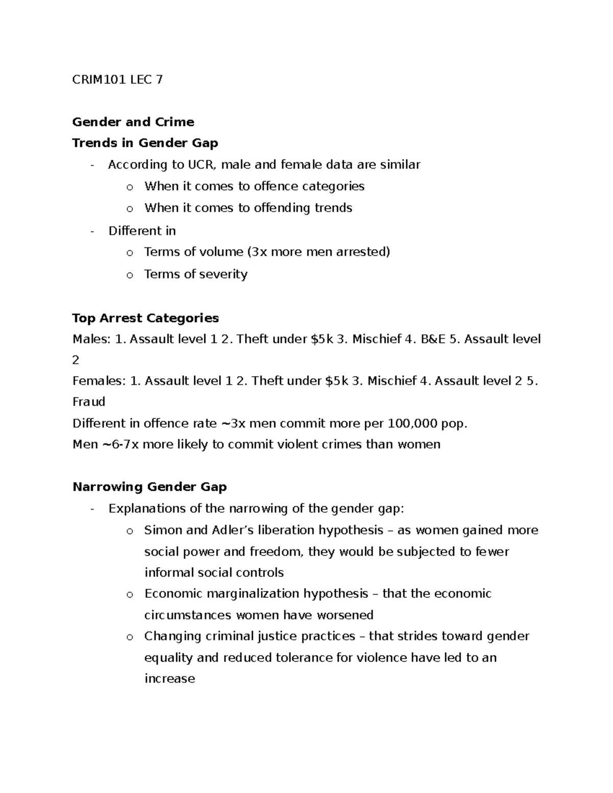 CRIM101 LEC 7 - Weekly Notes - CRIM101 LEC 7 Gender and Crime Trends in ...