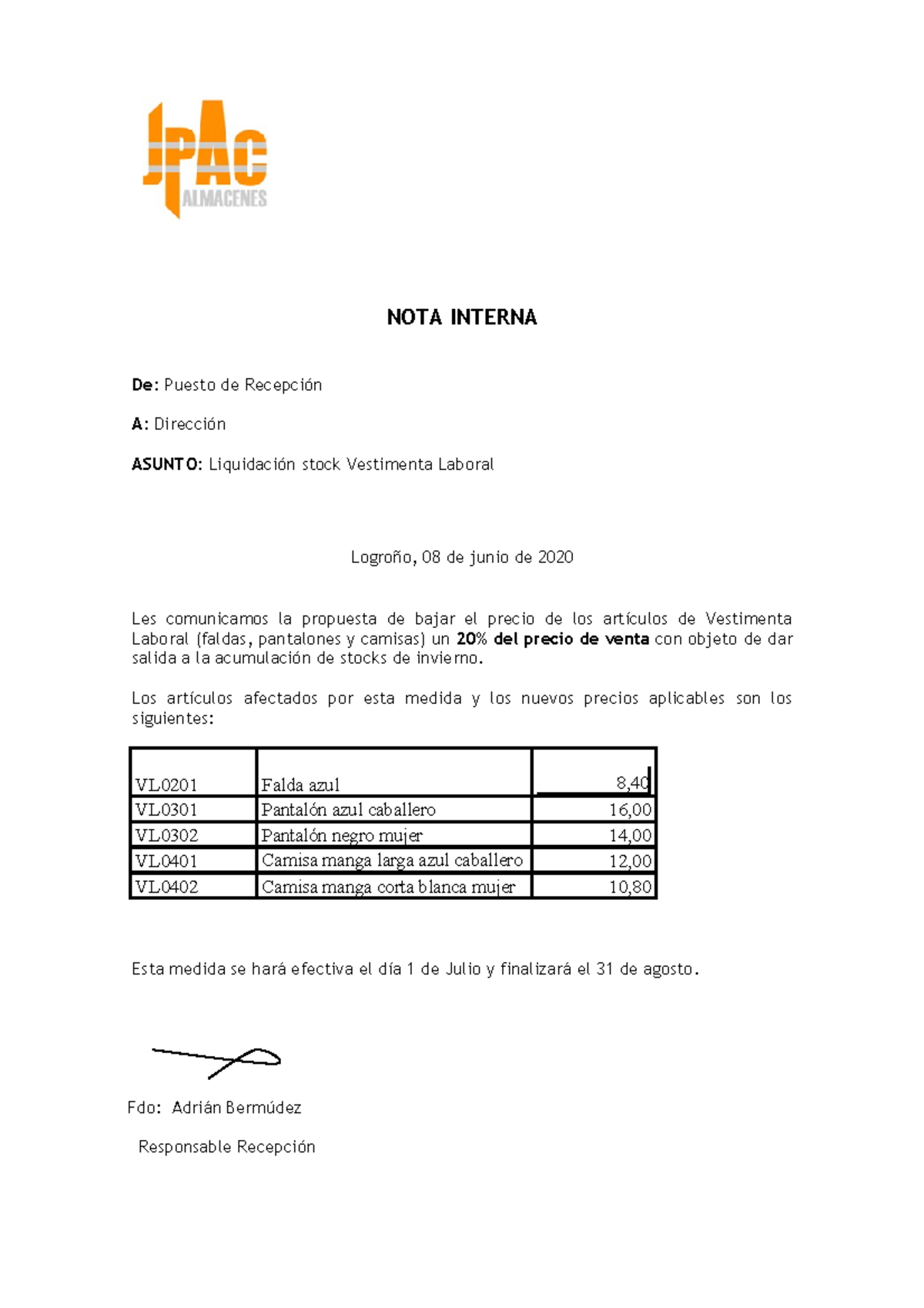 2020-06-08 Nota interna a Dirección x - NOTA INTERNA De: Puesto de ...