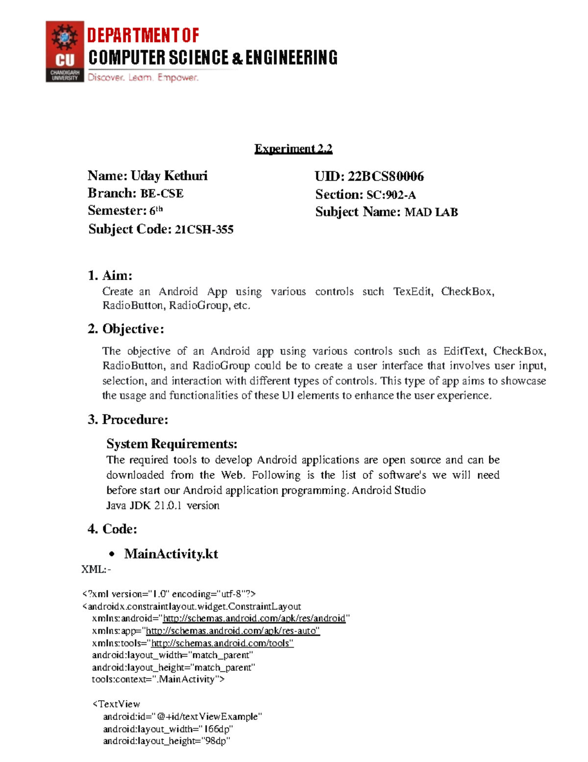 Mad 2.2 uday - COMPUTER SCIENCE & ENGINEERING Experiment 2. Name: Uday Kethuri Branch: BE-CSE ...