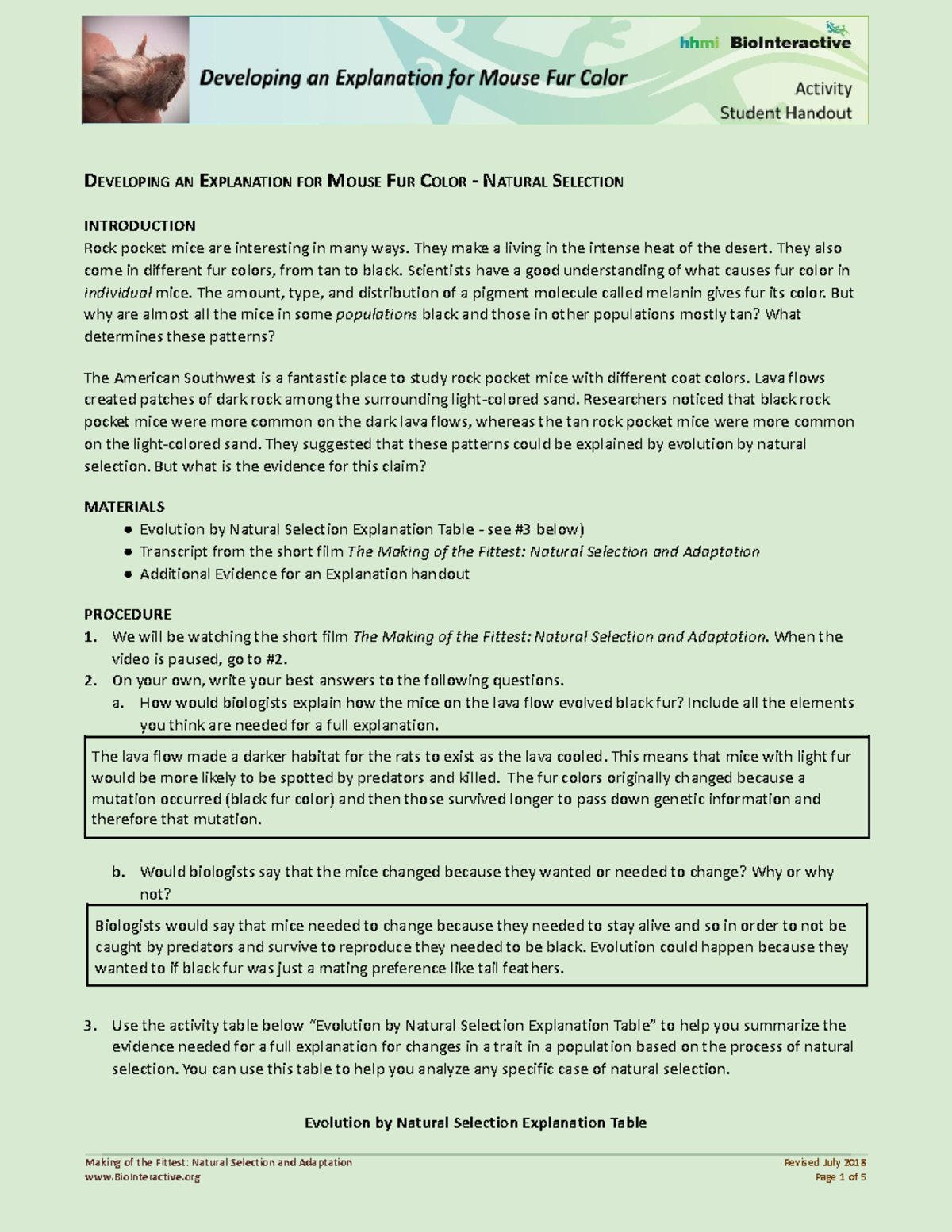 Developing an Explanation for Mouse Fur Color - Student Document ...