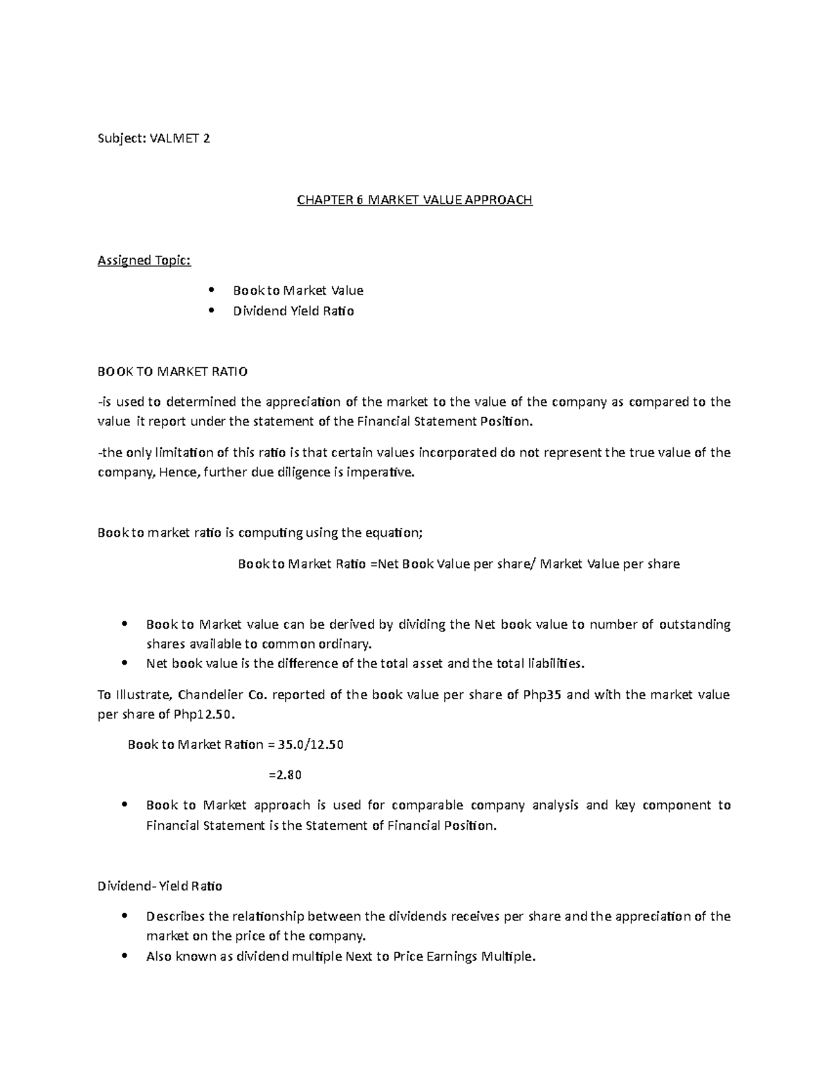 Market Value Approach - Chapter 6 Valmet - Subject: VALMET 2 CHAPTER 6 ...