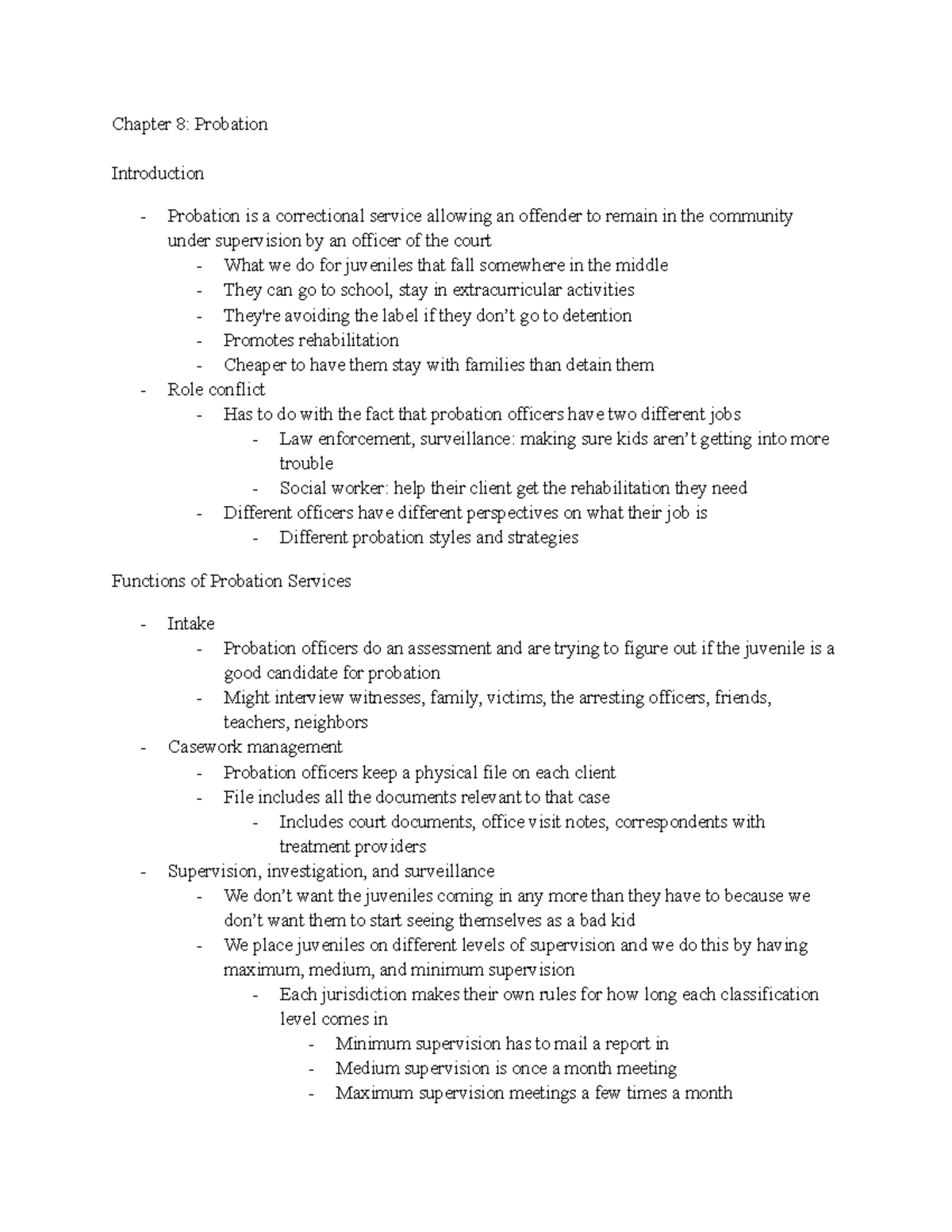 SOC 332 - Ch.6-10 Notes - Chapter 8: Probation Introduction Probation ...