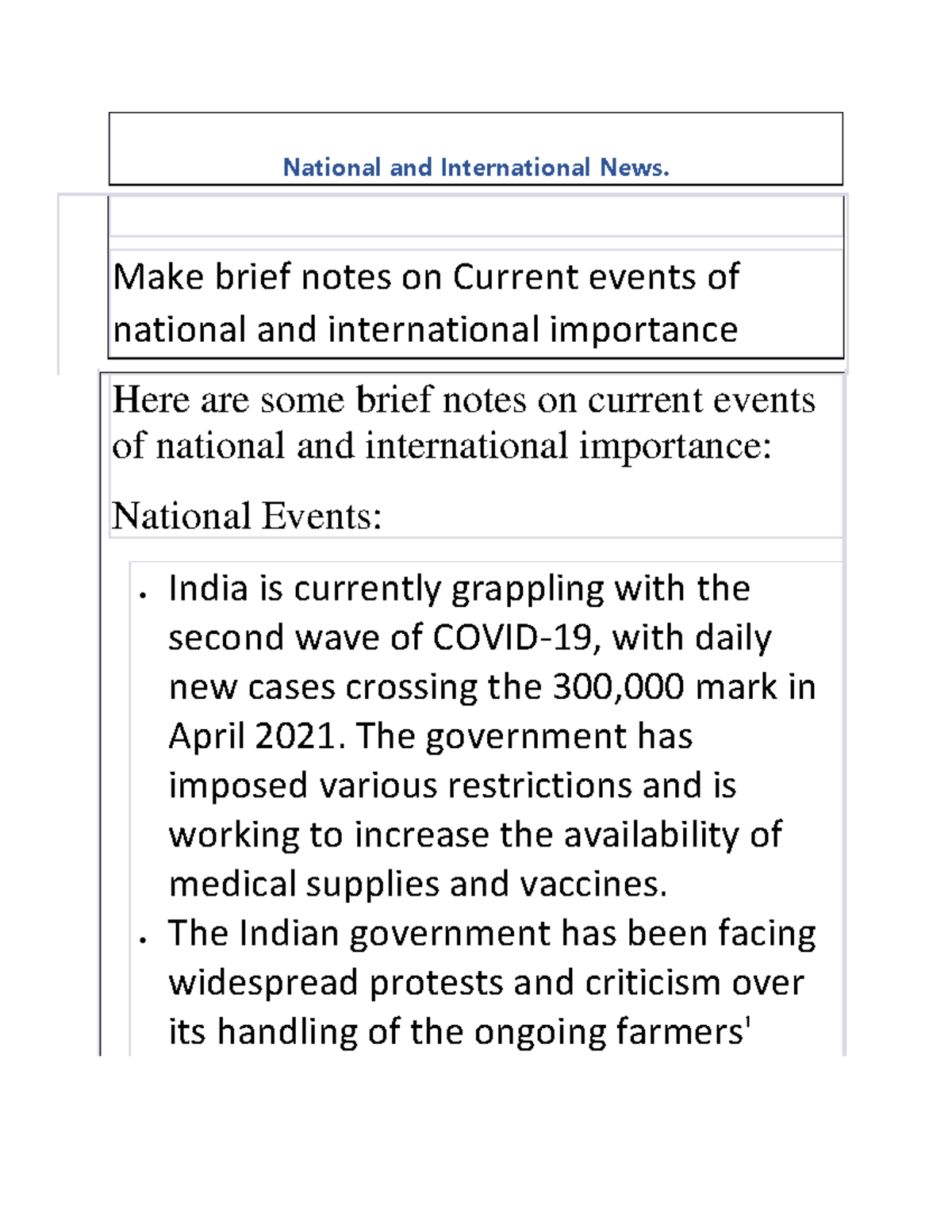 General 1-4 - National and International News. Make brief notes on ...