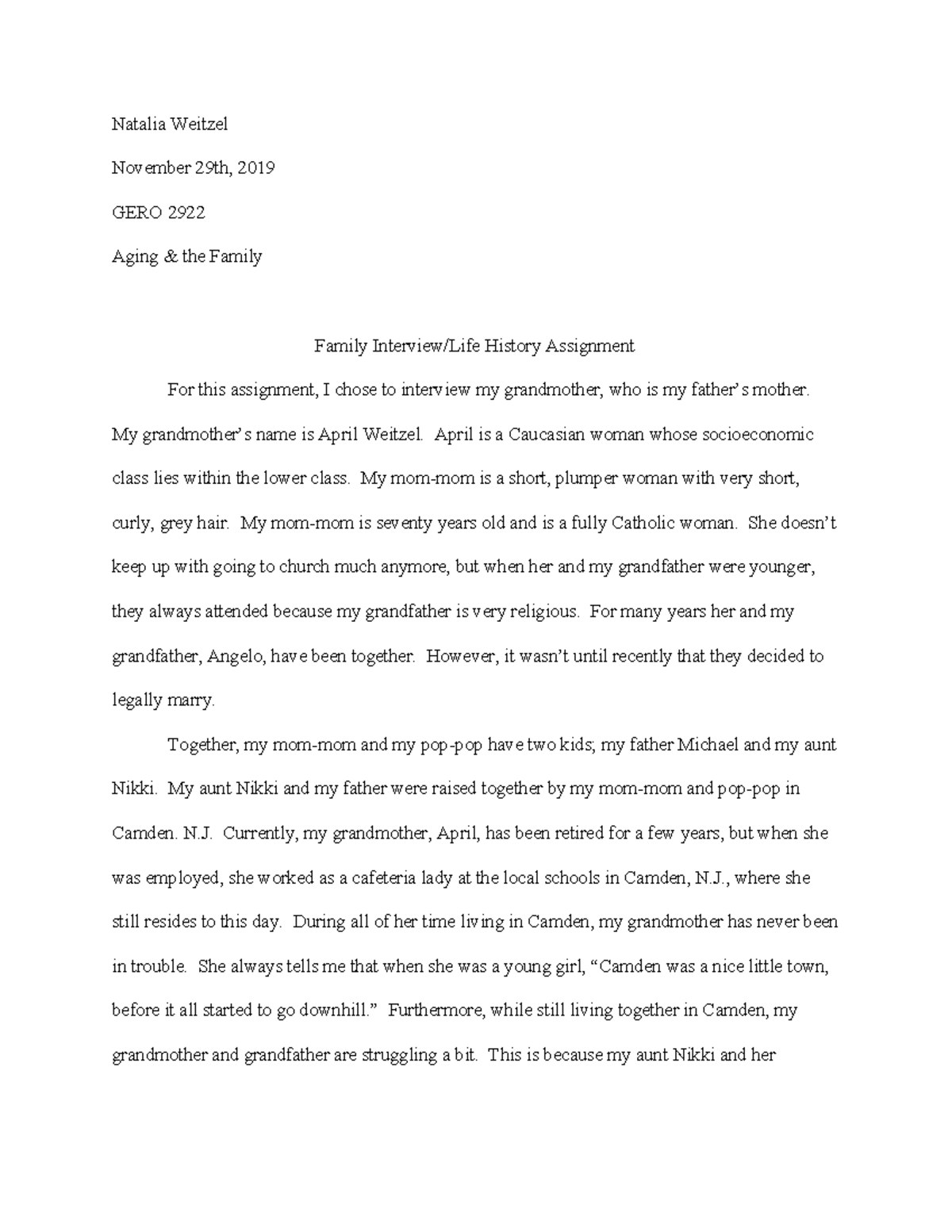 Family History Interview Assignment - Natalia Weitzel November 29th ...