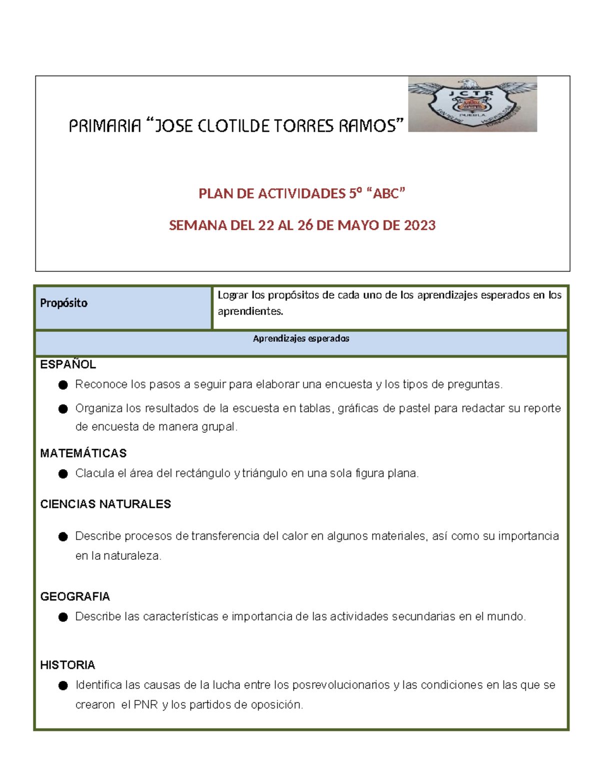 5ABC PLAN DE Actividades DEL 22 AL 26 DE MAYO DE 2023 - PRIMARIA “JOSE ...