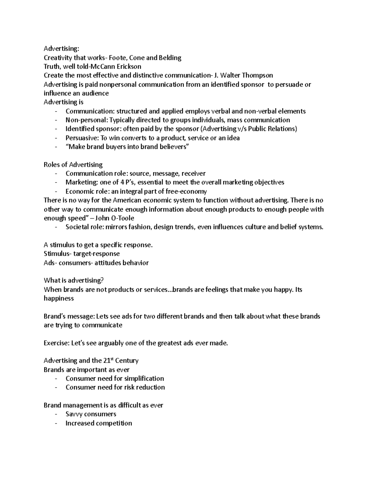 Advertising - lecture notes - Advertising: Creativity that works- Foote ...