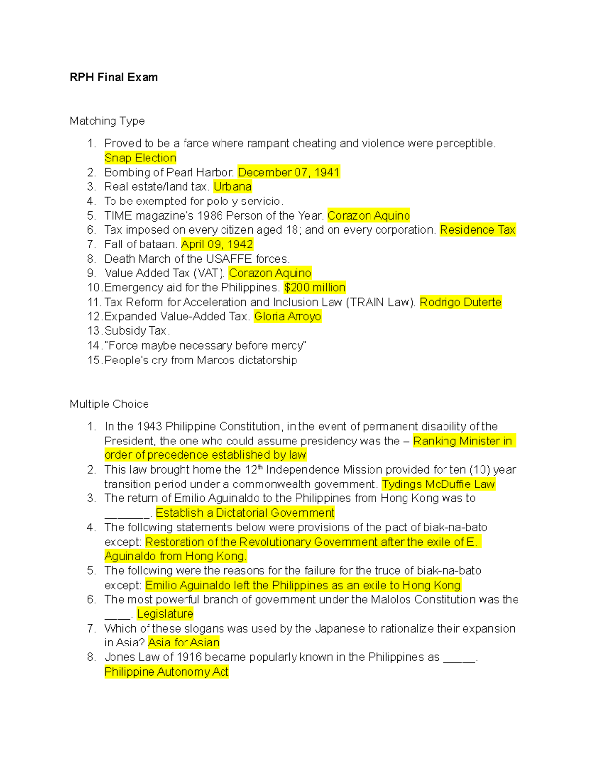 RPH Final Exam Auto Recovered - RPH Final Exam Matching Type 1. Proved ...