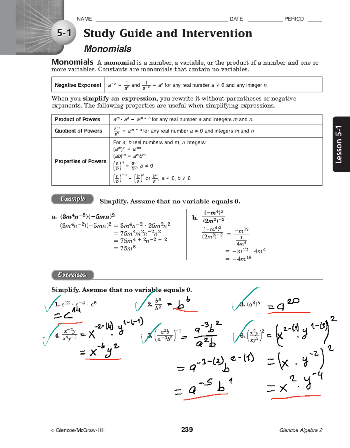 Algebra Homework 1 - questions - Study Guide and Intervention Monomials ...