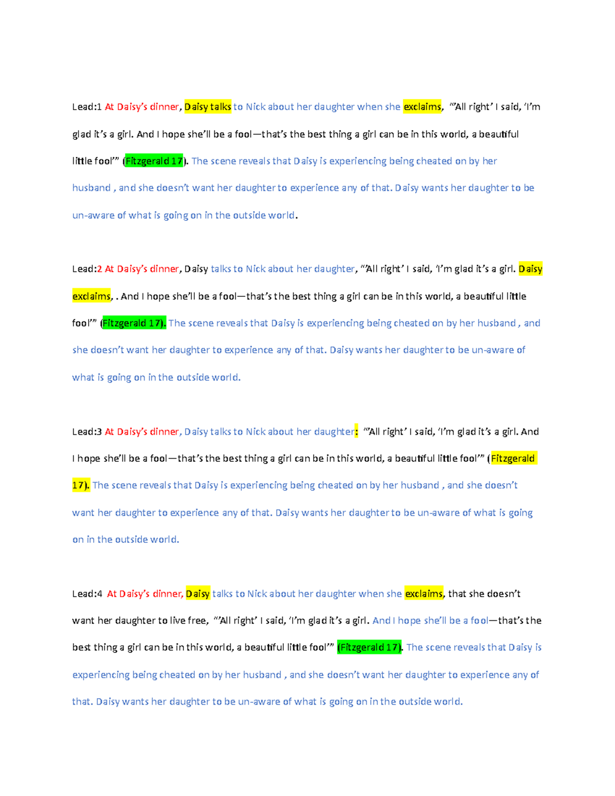 Lead 4 ways - Notes - Lead:1 At Daisy’s dinner, Daisy talks to Nick ...