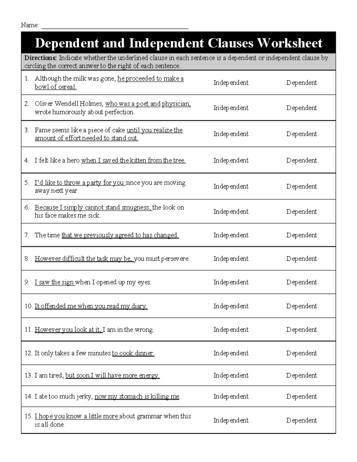 Dependent and Independent Clause Worksheet (PDF) - Name