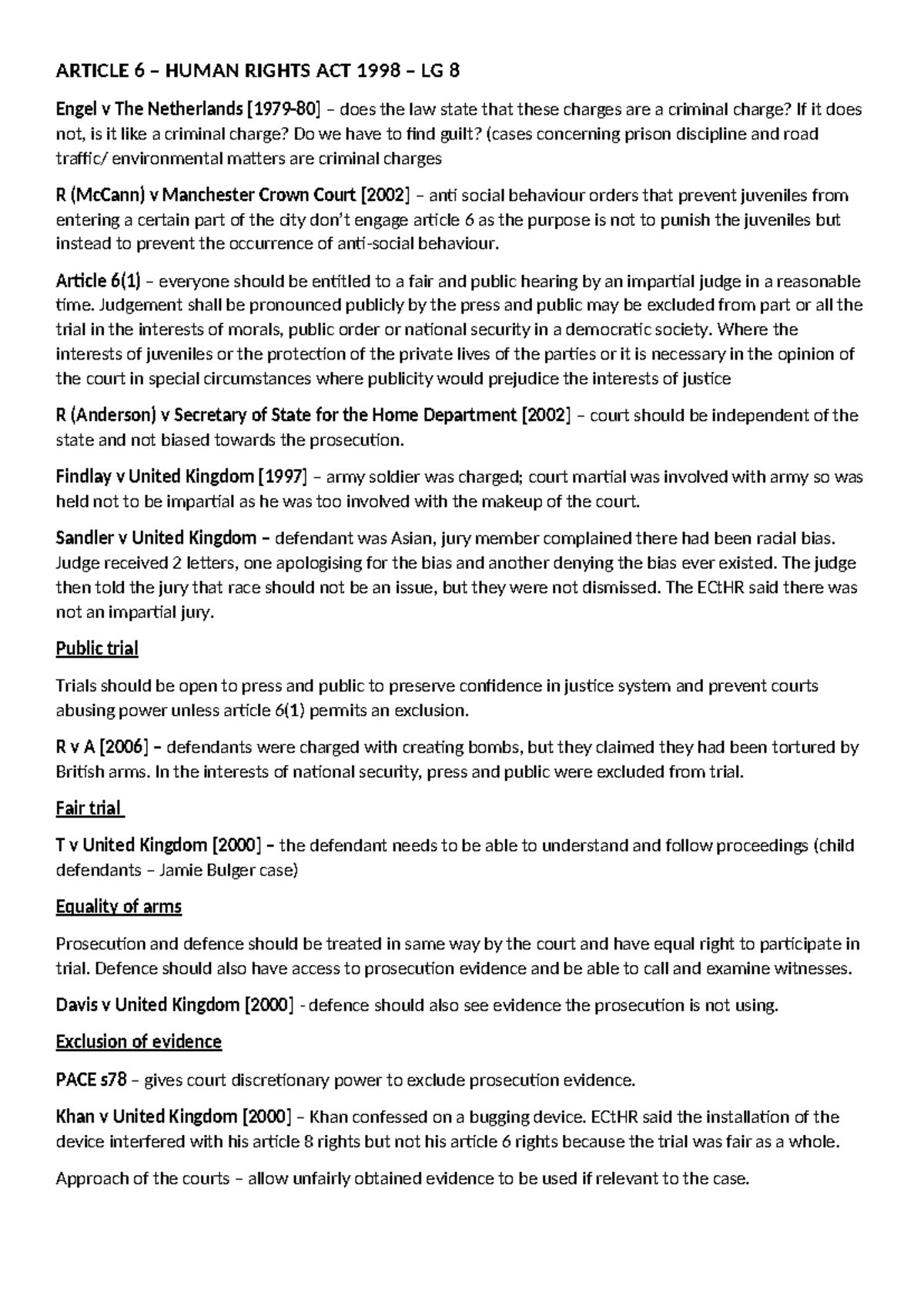 Article 6 - Summary Human Rights - ARTICLE 6 – HUMAN RIGHTS ACT 1998 ...