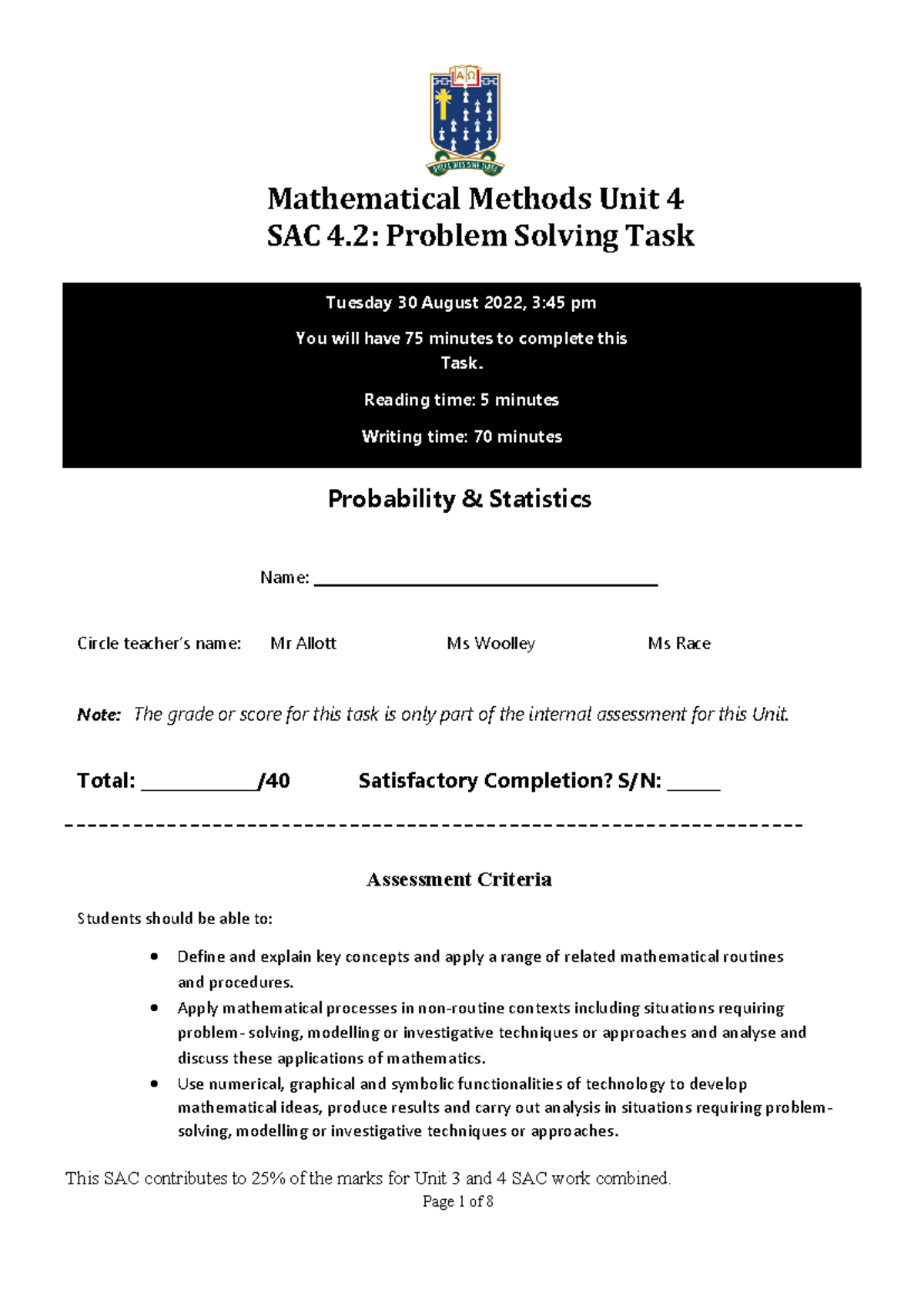 2022 SAC 3 Probability and Statistics - Mathematical Methods Unit 4 SAC ...