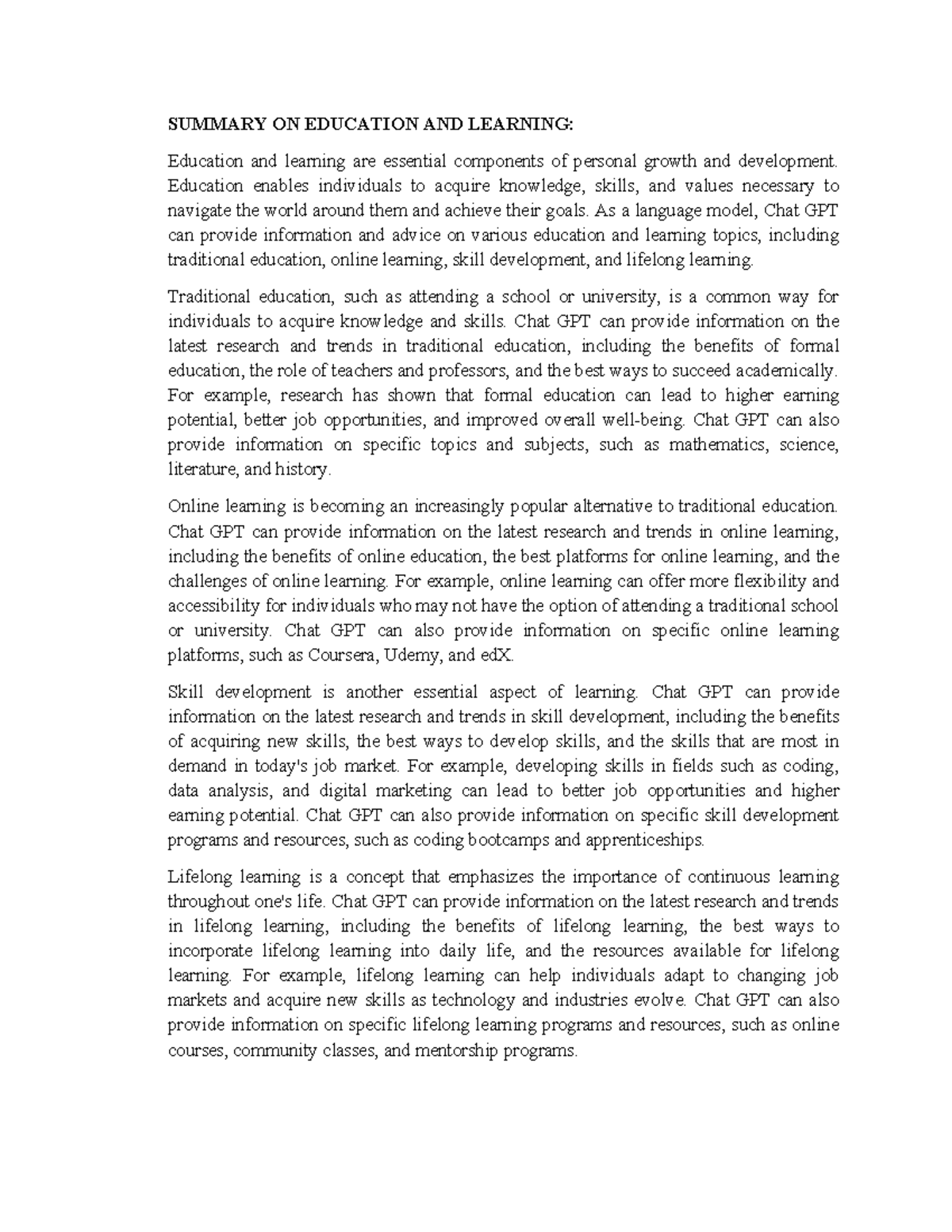 Summary on Education AND Learning - SUMMARY ON EDUCATION AND LEARNING ...