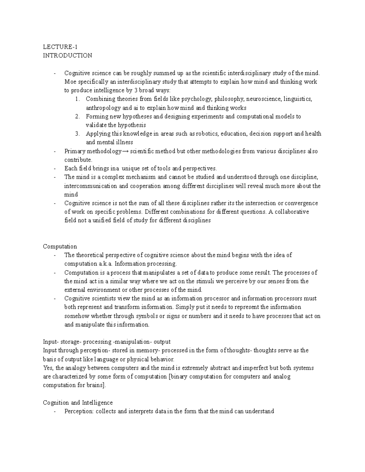 Cogs 100 W1 Lecture 1 Lecture Introduction Cognitive Science Can Be Roughly Summed Up As