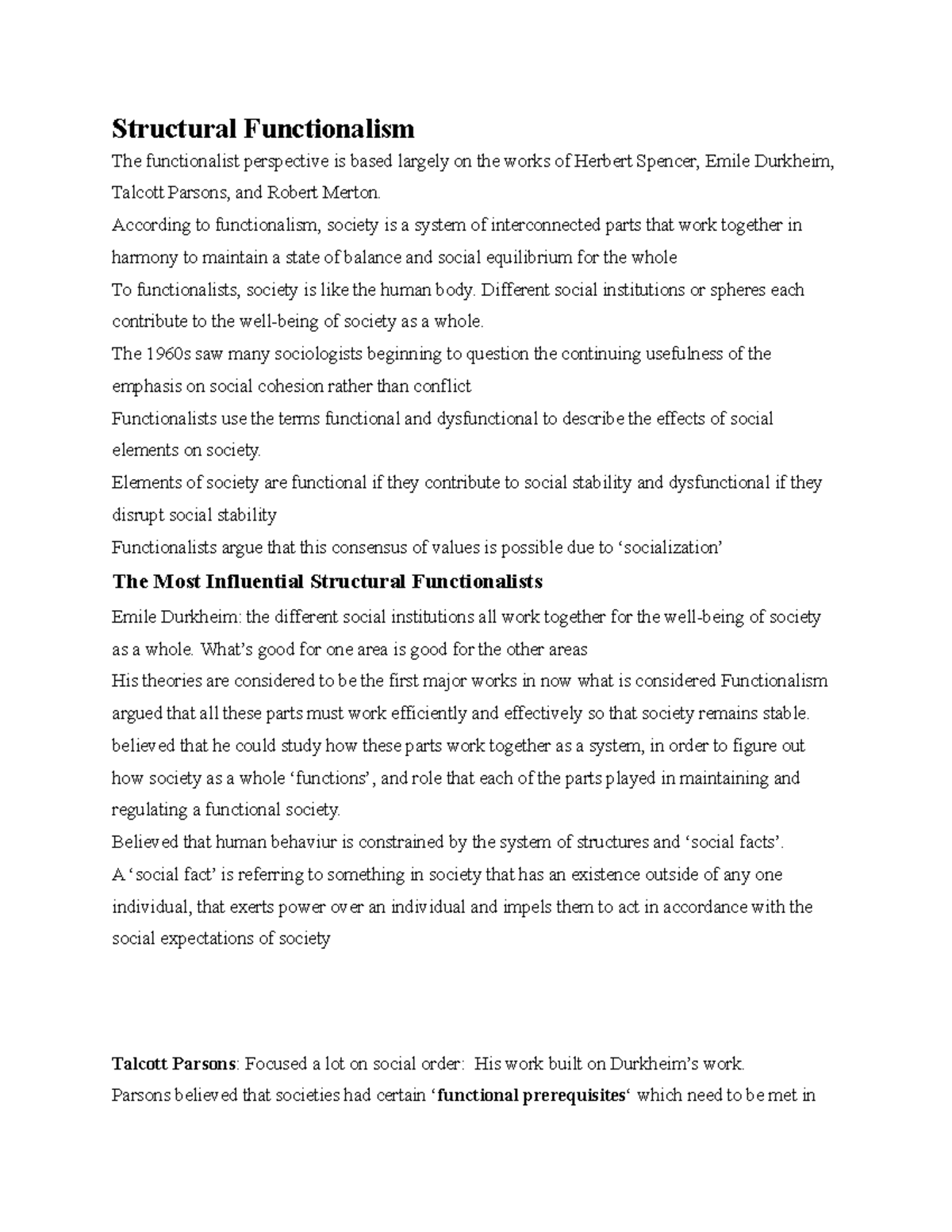 Social Diversity - Lecture notes - Structural Functionalism The ...