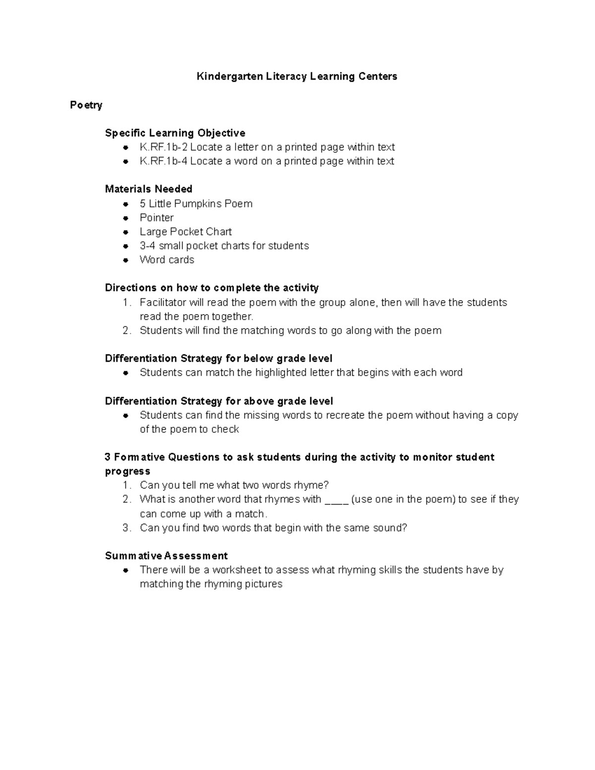 ECE 350 Benchmark - Kindergarten Literacy Learning Centers Poetry ...