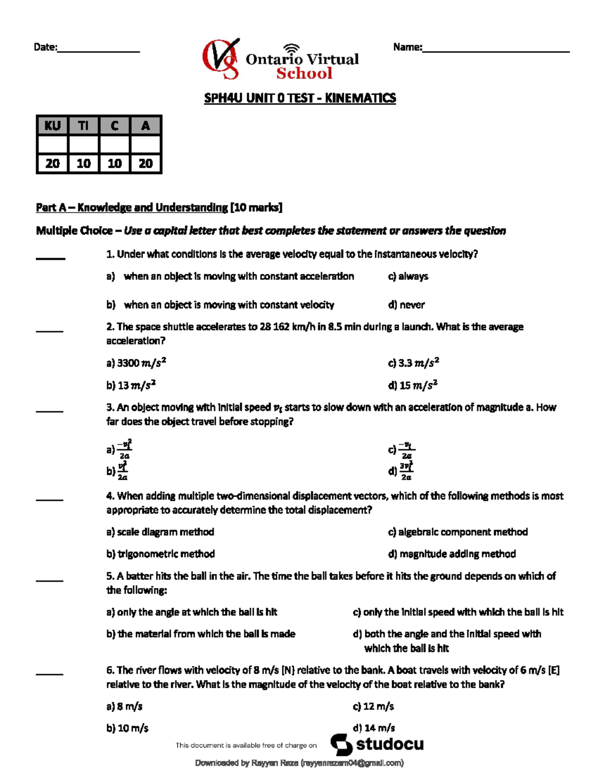Ovs phys test 0 - Test 0 - Studocu