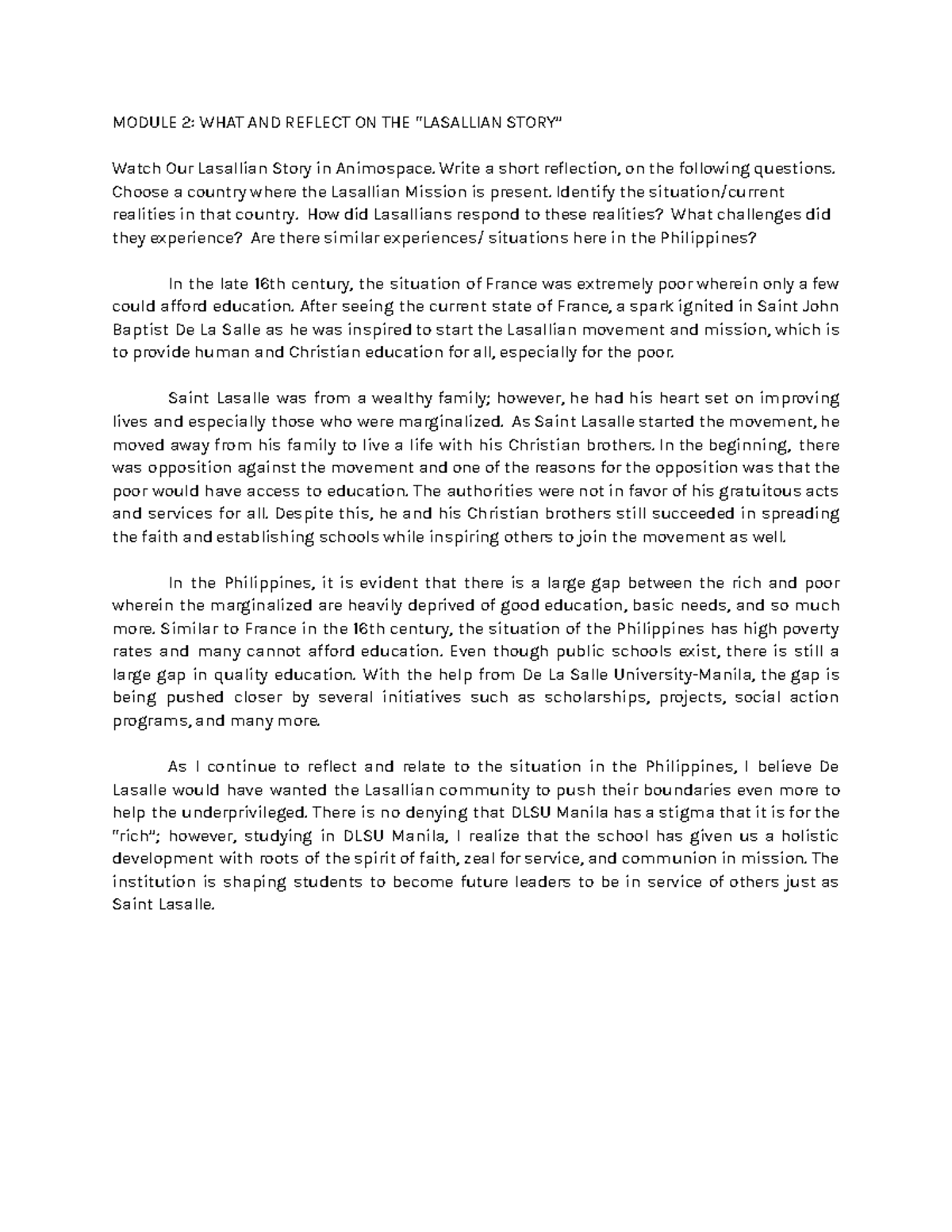 Lasallian Story - Write a short reflection, on the following questions ...