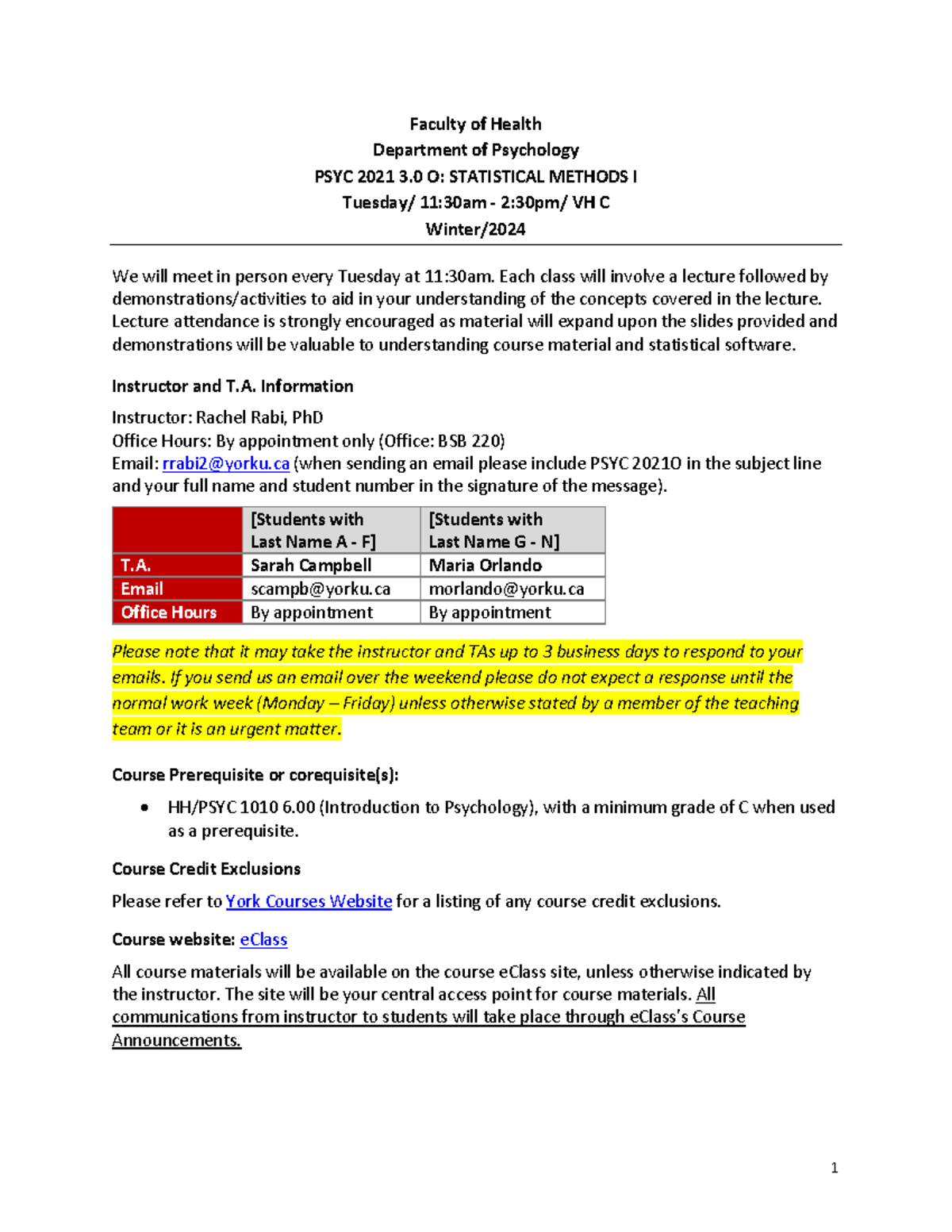 PSCY2021 Syllabus W2024 - Faculty of Health Department of Psychology PSYC 2021 3 O: STATISTICAL ...