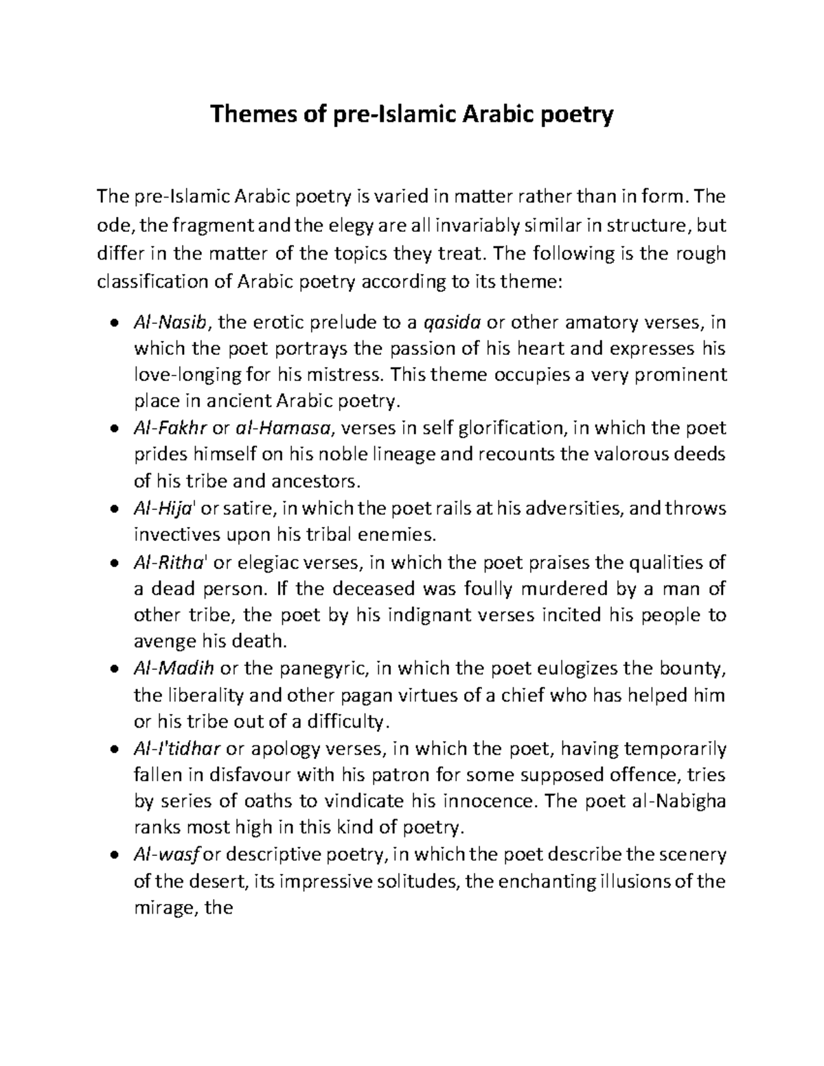 Themes of pre-Islamic Arabic poetry - The ode, the fragment and the ...